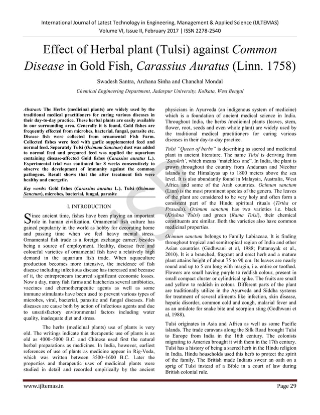 Effect of Herbal plant (Tulsi) against Common Disease in Gold Fish ...