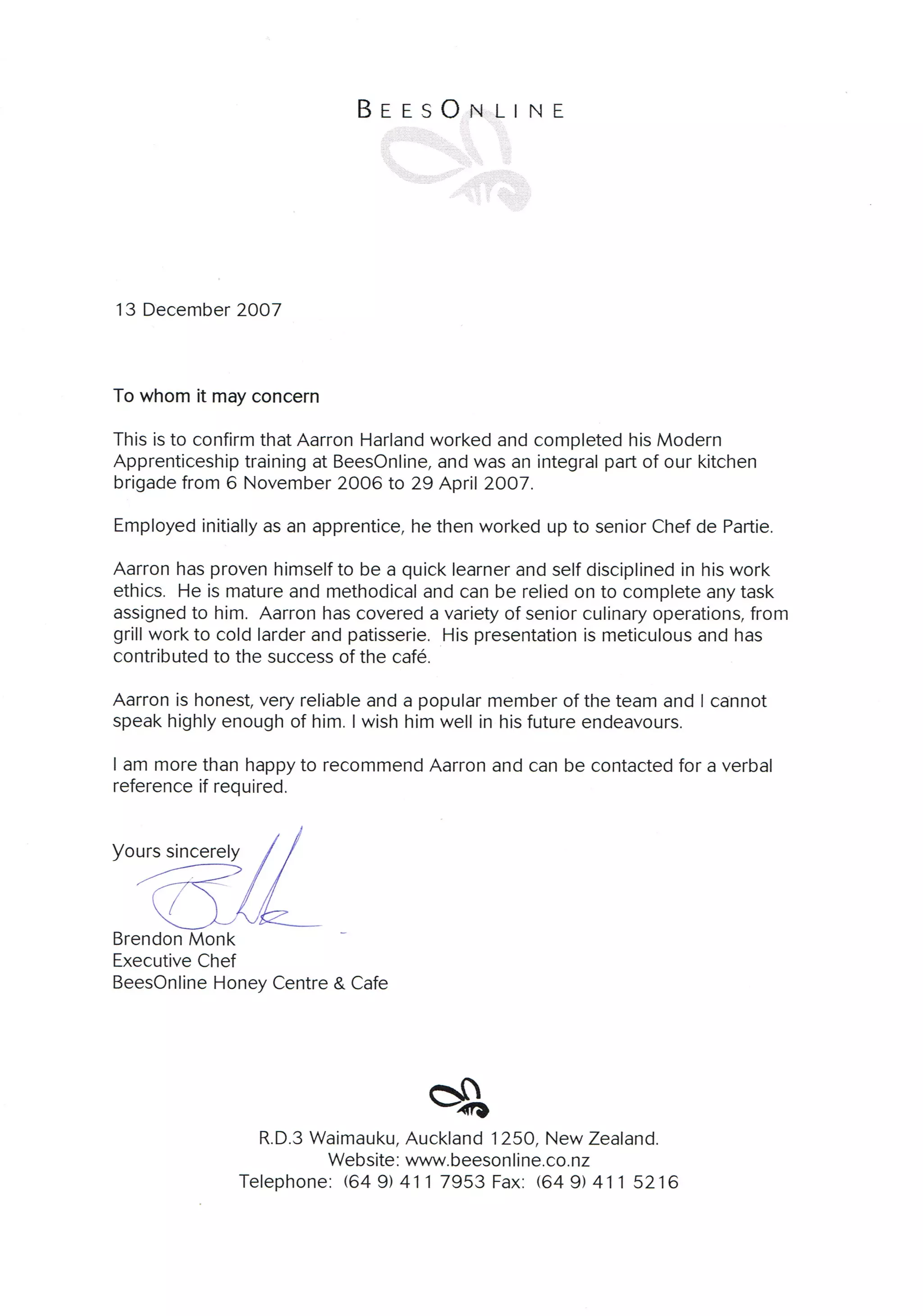 Beesonline Reference Letter - Brendon Monk 2007 | PDF