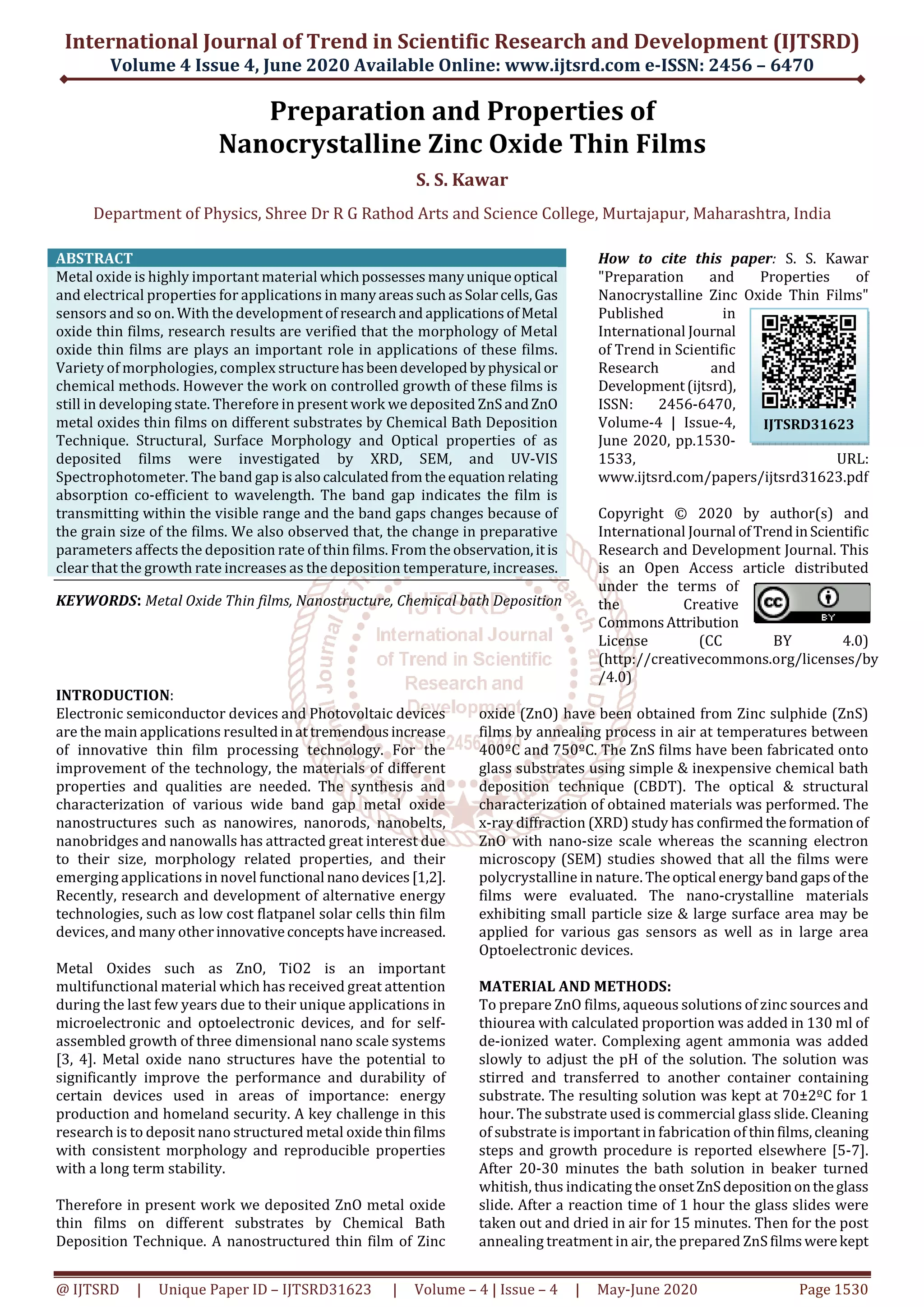 Preparation and Properties of Nanocrystalline Zinc Oxide Thin Films | PDF