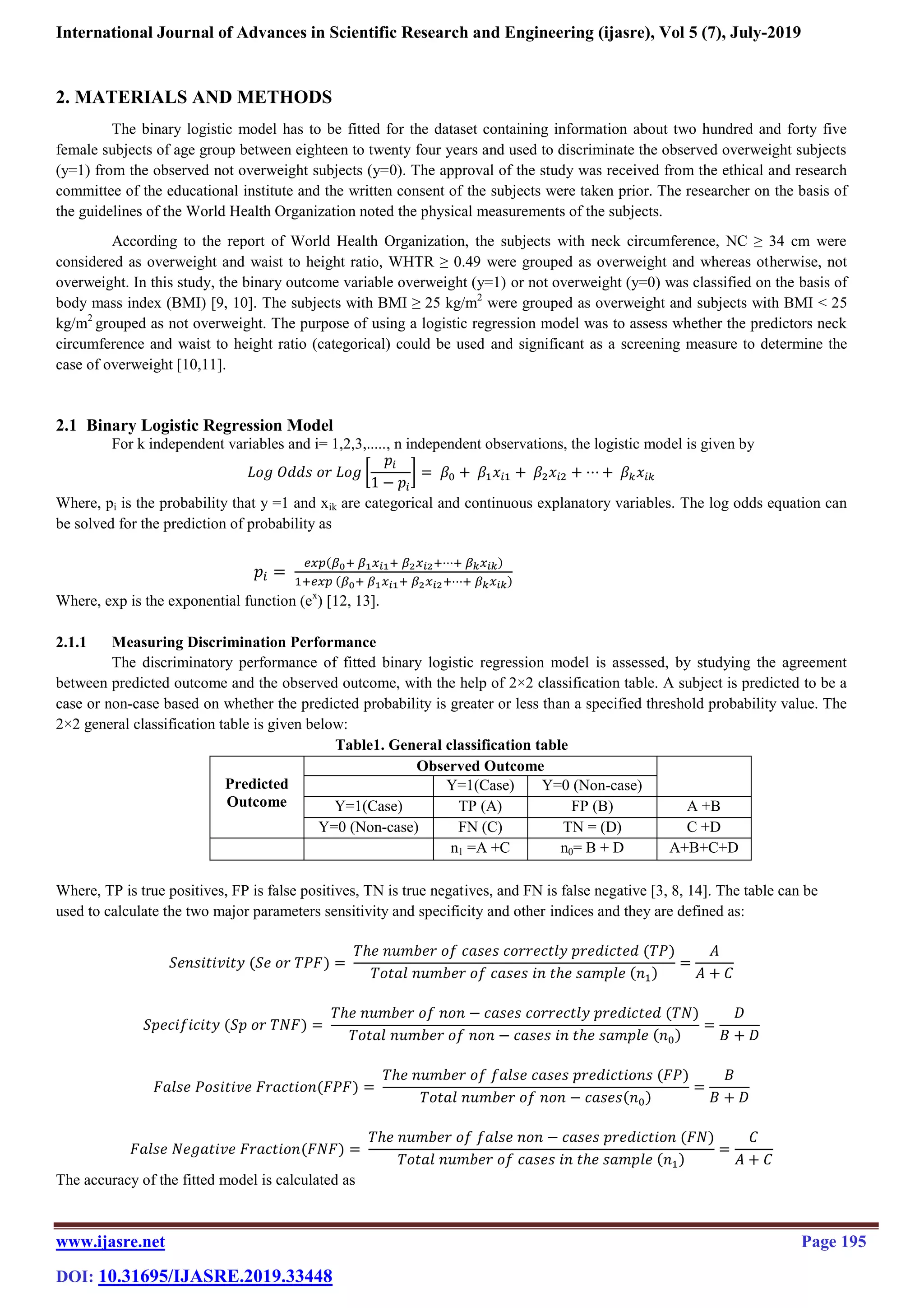 Assessing Discriminatory Performance of a Binary Logistic Regression Model | PDF