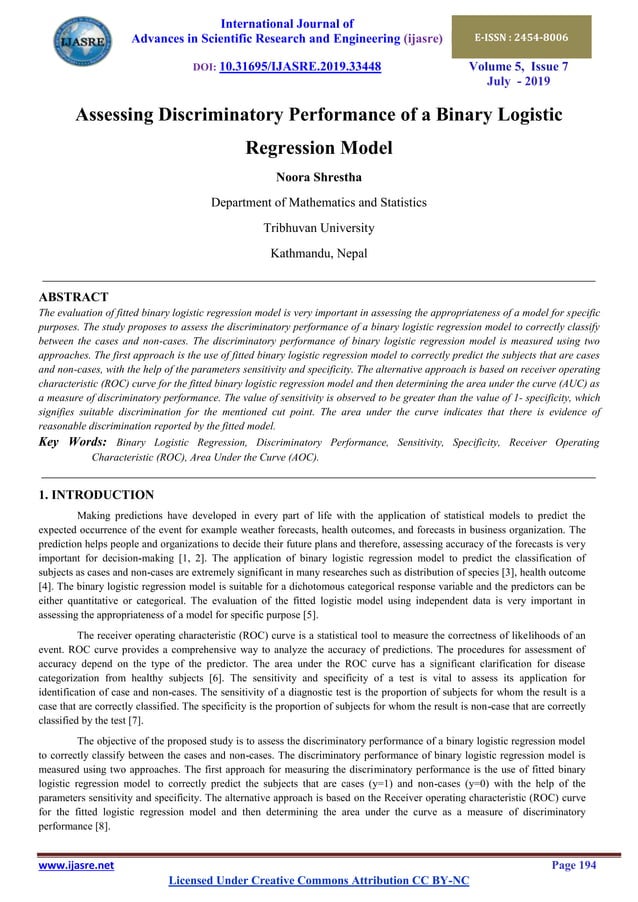Assessing Discriminatory Performance of a Binary Logistic Regression Model | PDF