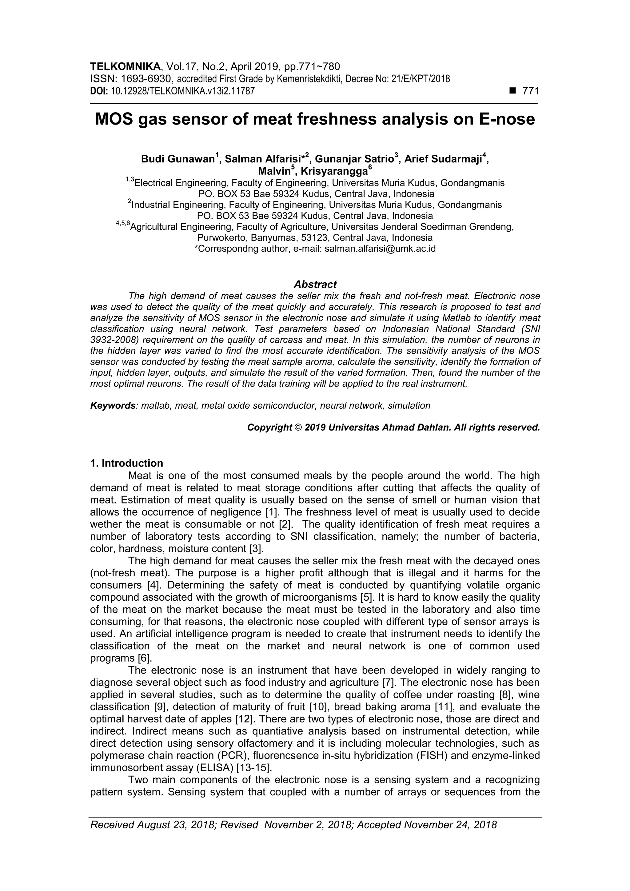 MOS gas sensor of meat freshness analysis on E-nose | PDF