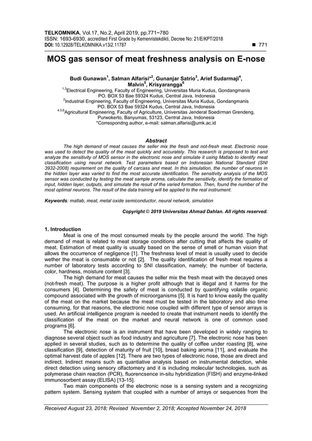 MOS gas sensor of meat freshness analysis on E-nose | PDF | Chemistry | Science