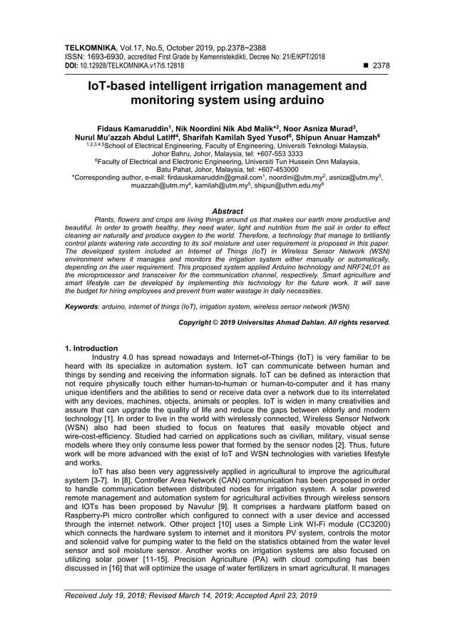IoT-based intelligent irrigation management and monitoring system using arduino | PDF
