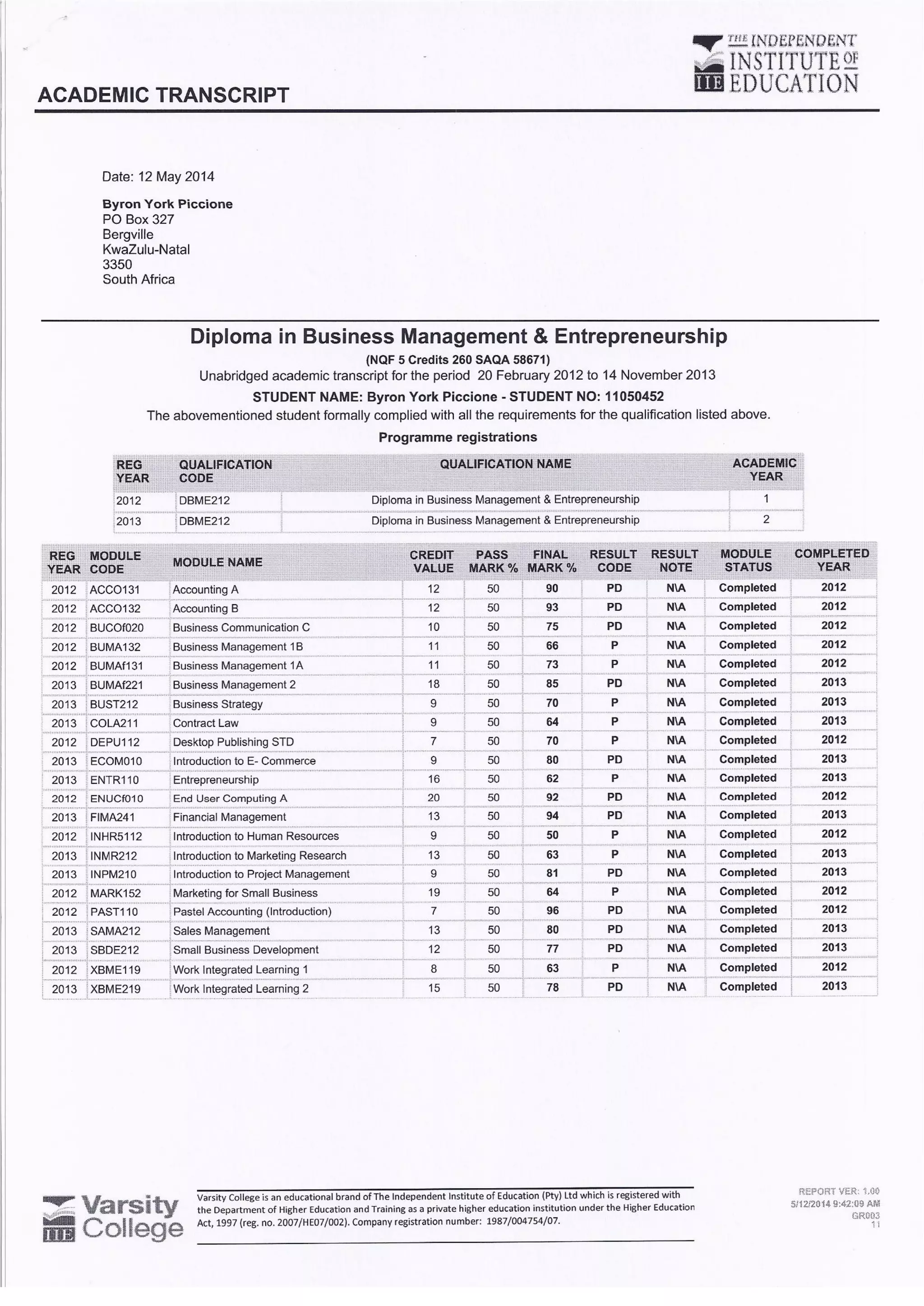 Varsity College Transcript | PDF