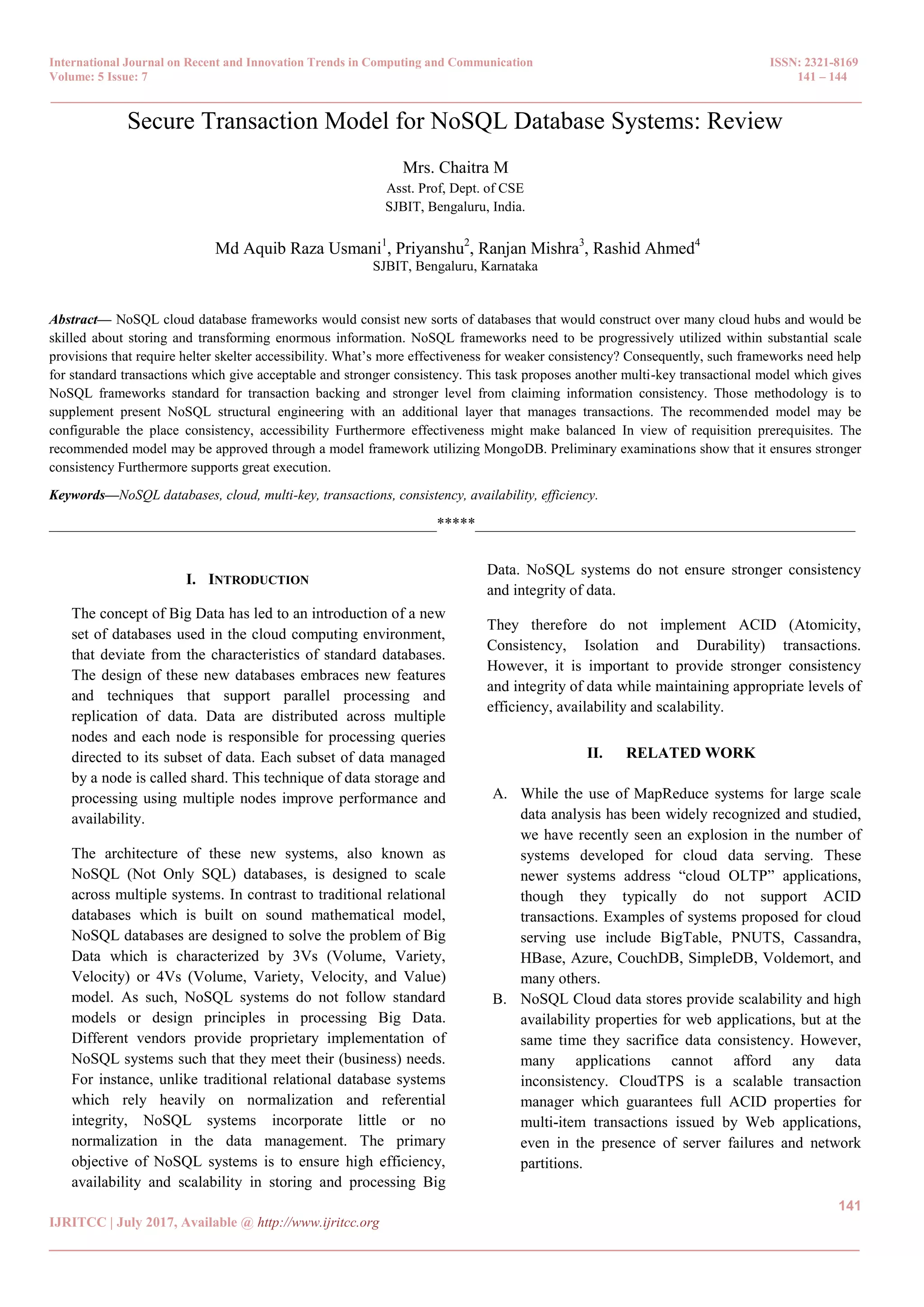 Secure Transaction Model For Nosql Database Systems Review Pdf