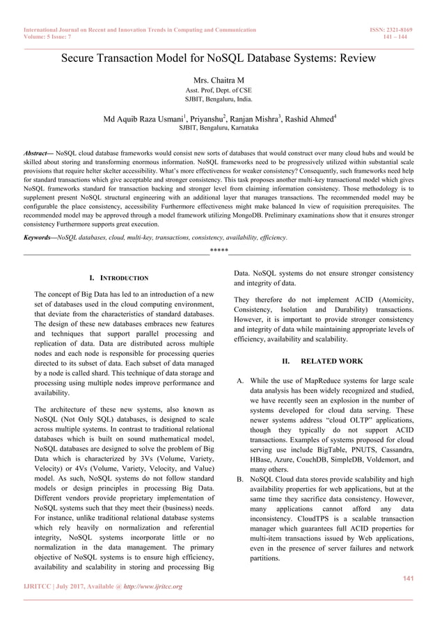 Secure Transaction Model for NoSQL Database Systems: Review | PDF | Databases | Computer ...