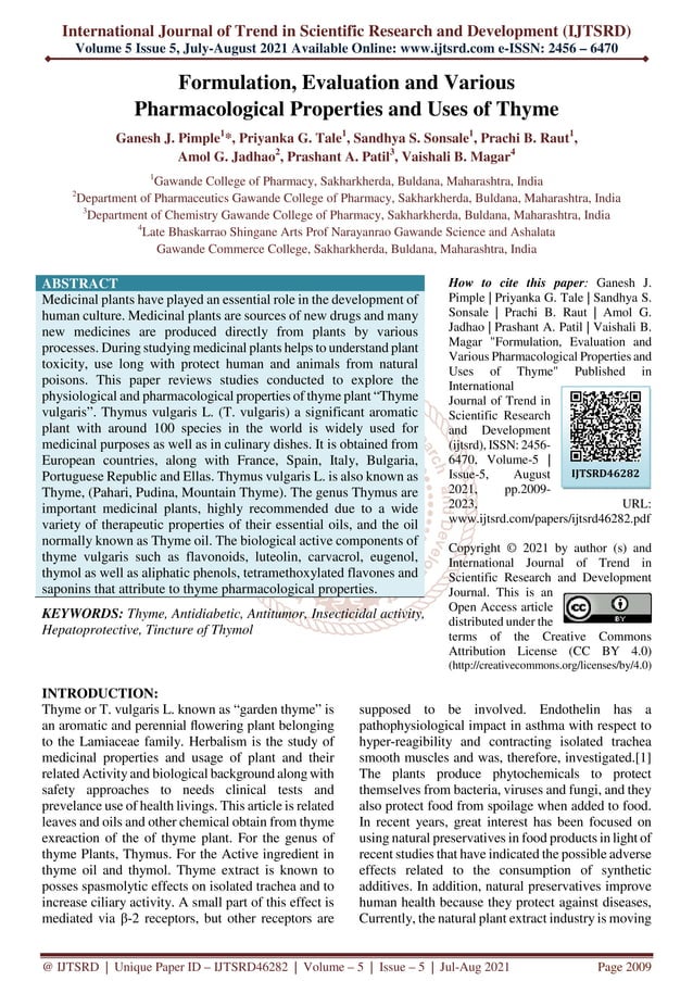 Formulation, Evaluation and Various Pharmacological Properties and Uses ...