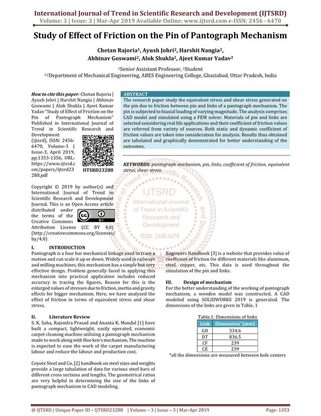 Study of Effect of Friction on the Pin of Pantograph Mechanism | PDF