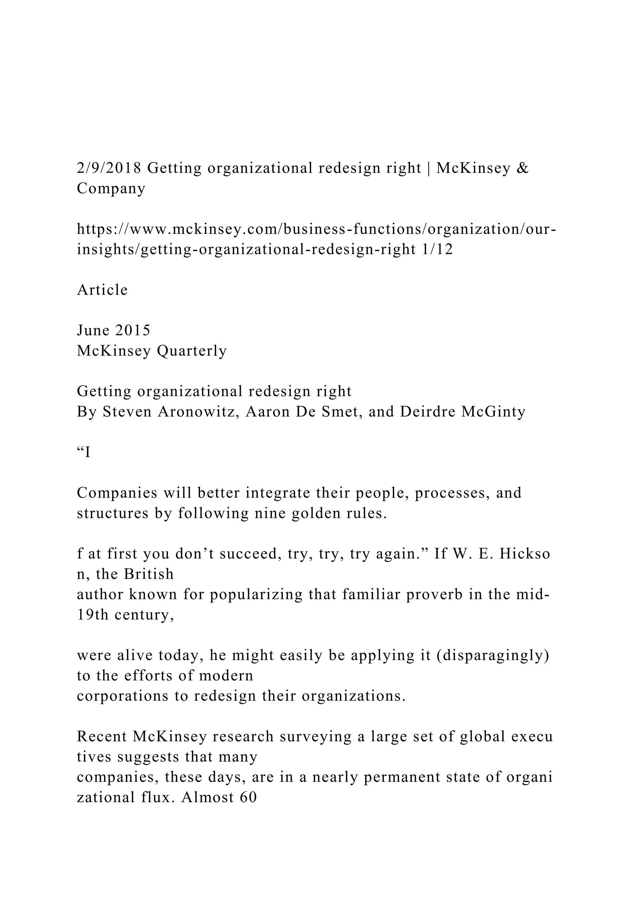 292018 Getting organizational redesign right McKinsey & Co.docx