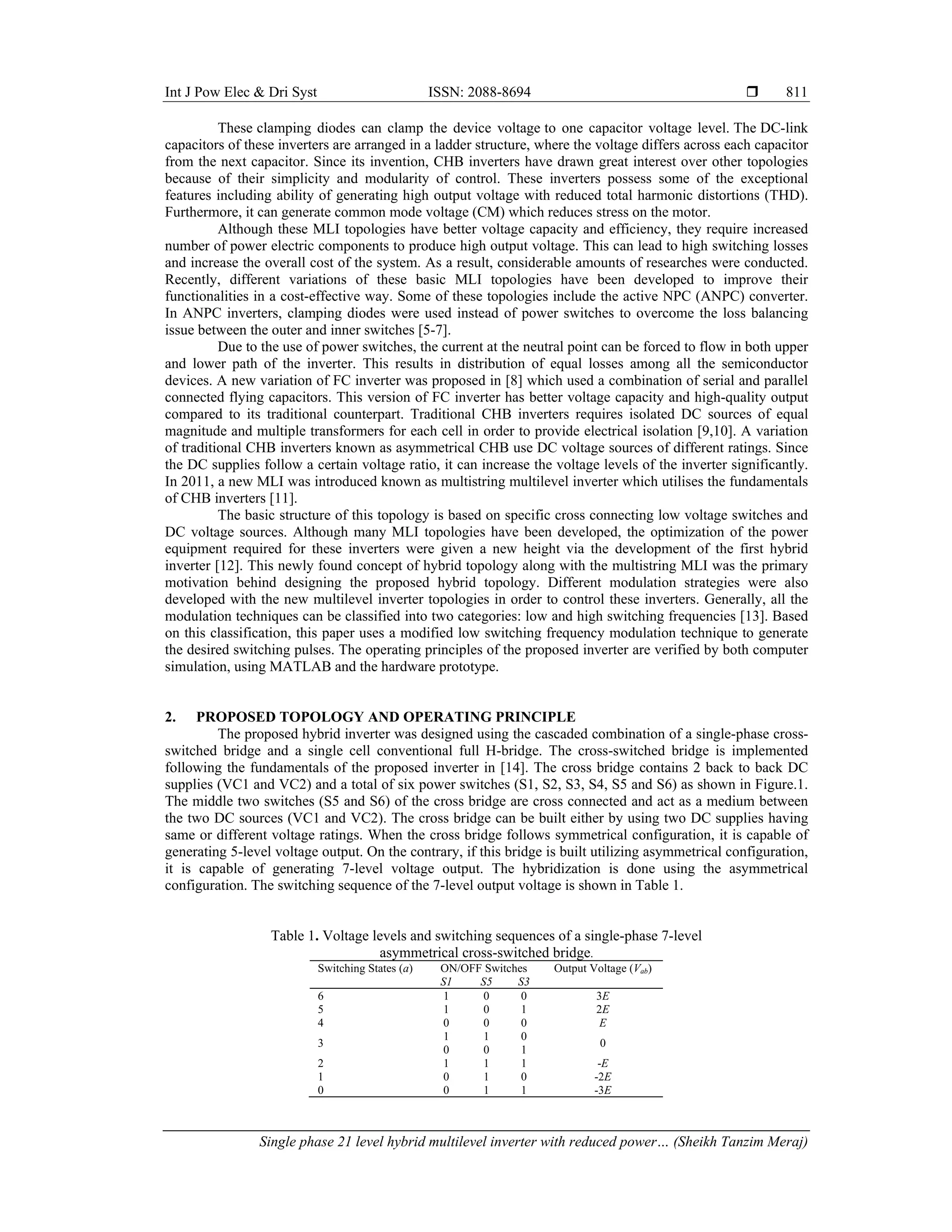 Single phase 21 level hybrid multilevel inverter with reduced power components employing low ...