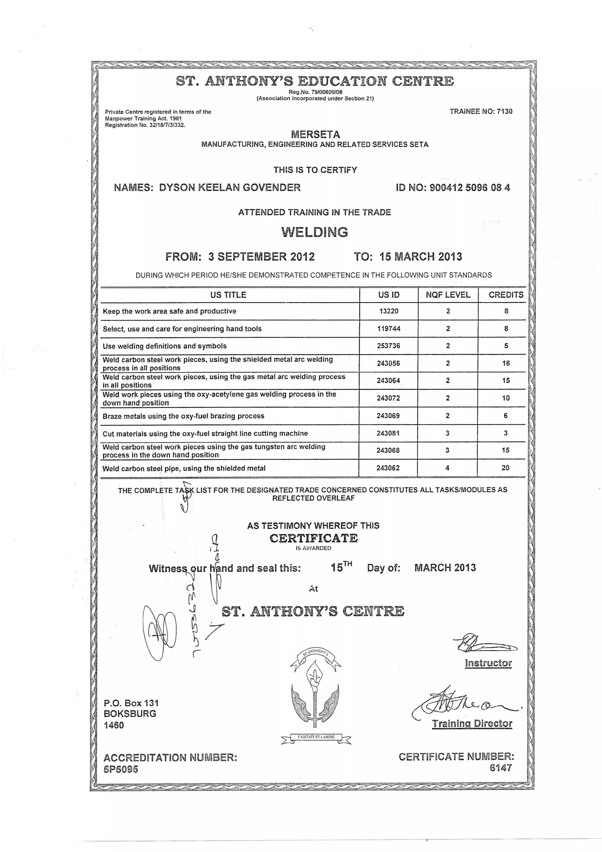 D Govender CERTIFICATES | PDF