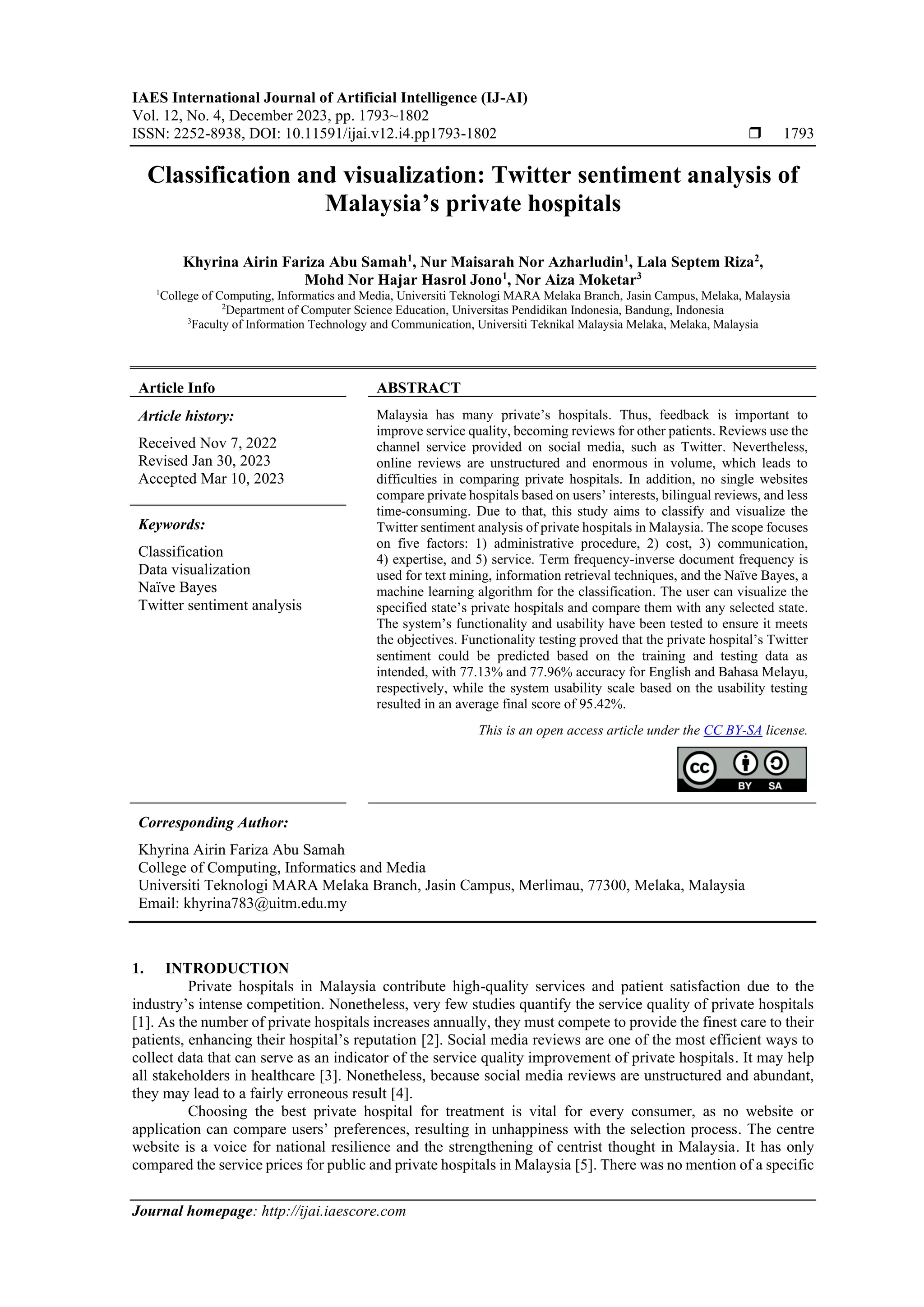 Classification and visualization: Twitter sentiment analysis of Malaysia’s private hospitals | PDF