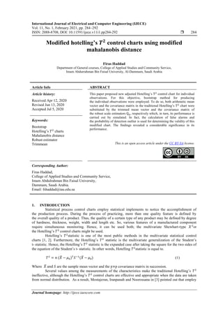 Modified hotelling’s 푻 ퟐ control charts using modified mahalanobis ...