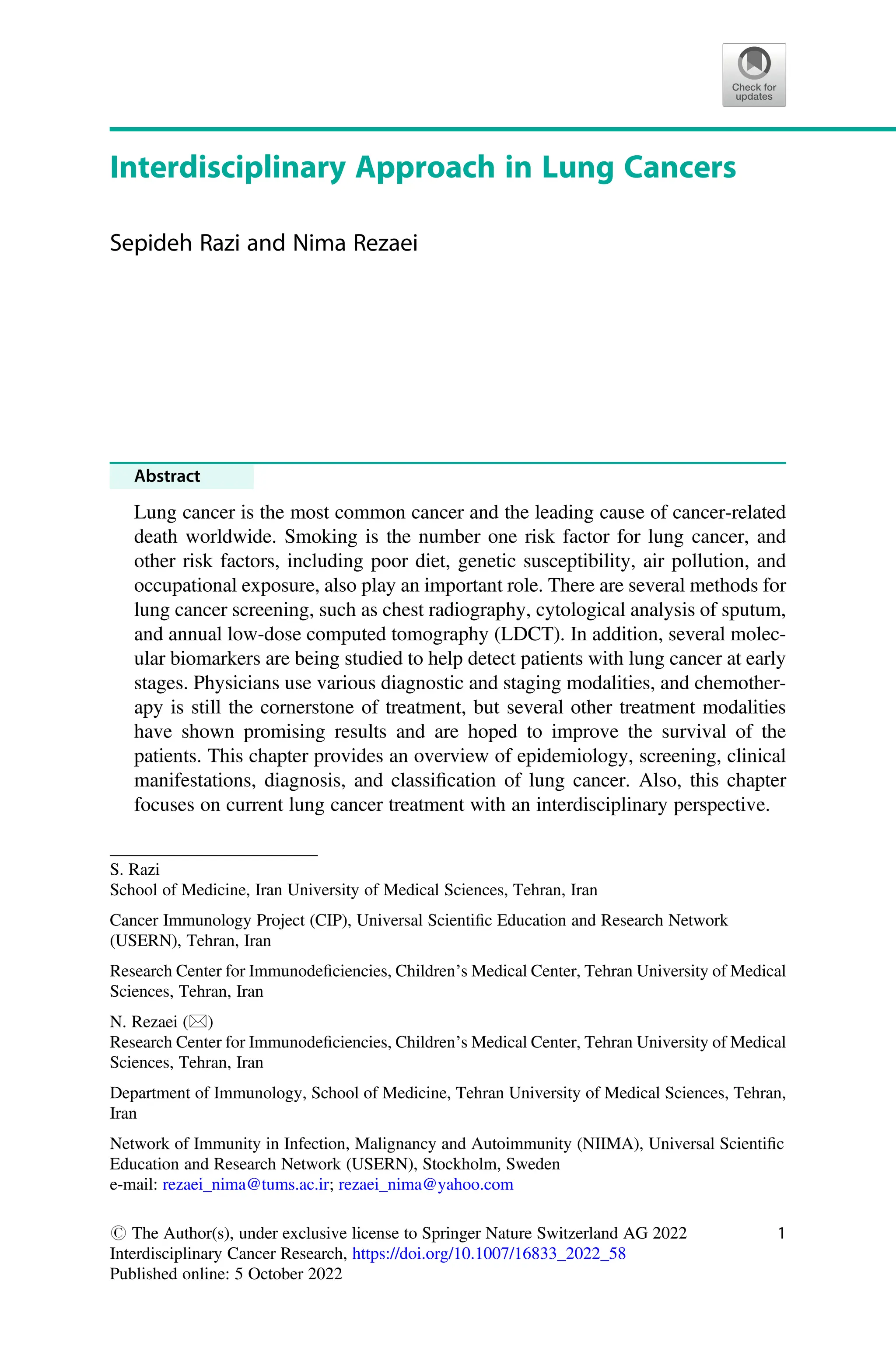 Lung Cancer Pathophysiology An Interdisciplinary Approach Nima Rezaei | PDF