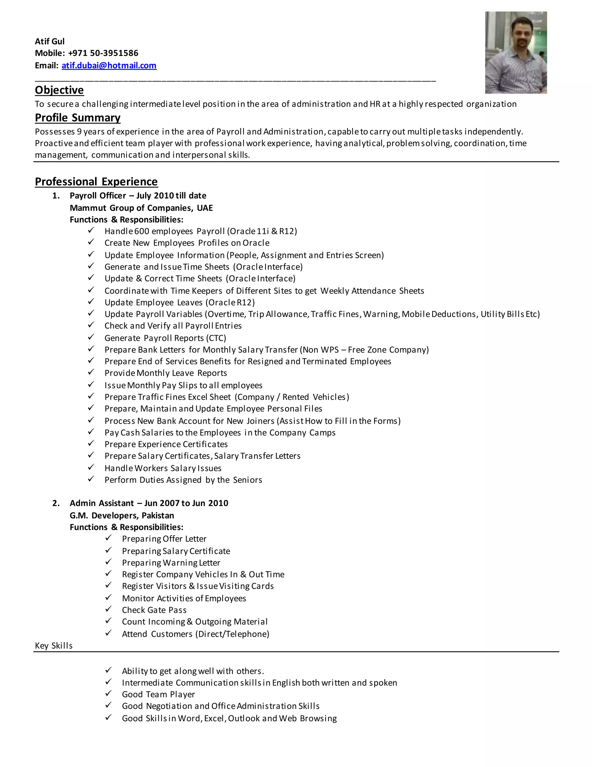Atif Gul Resume - Payroll Officer | DOCX