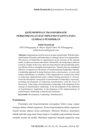 KEPEMIMPINAN TRANSFORMATIF PERKEMBANGAN DAN IMPLEMENTASINYA PADA LEMBAGA PENDIDIKAN | PDF