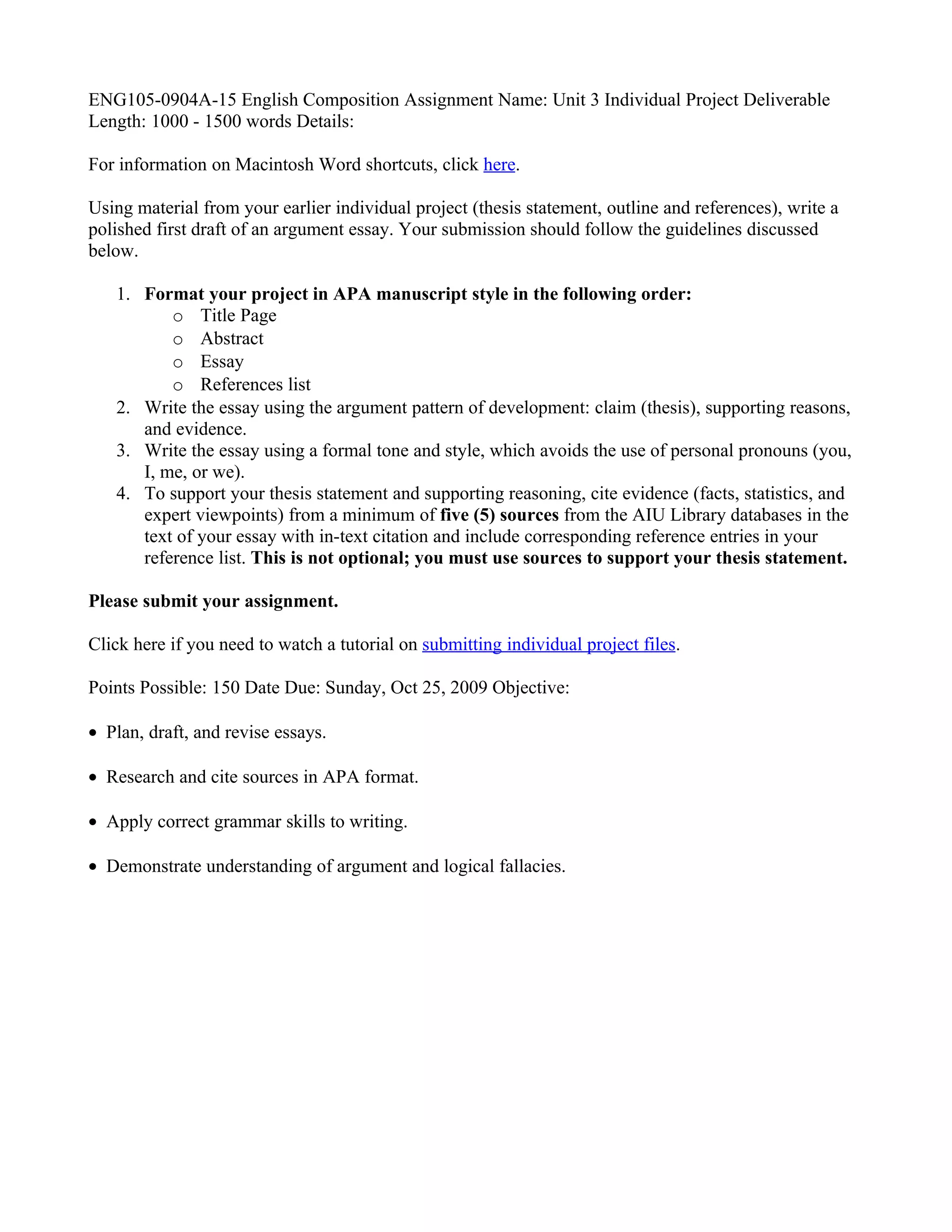 ENG105 Unit 3 Individual Projectx | DOC