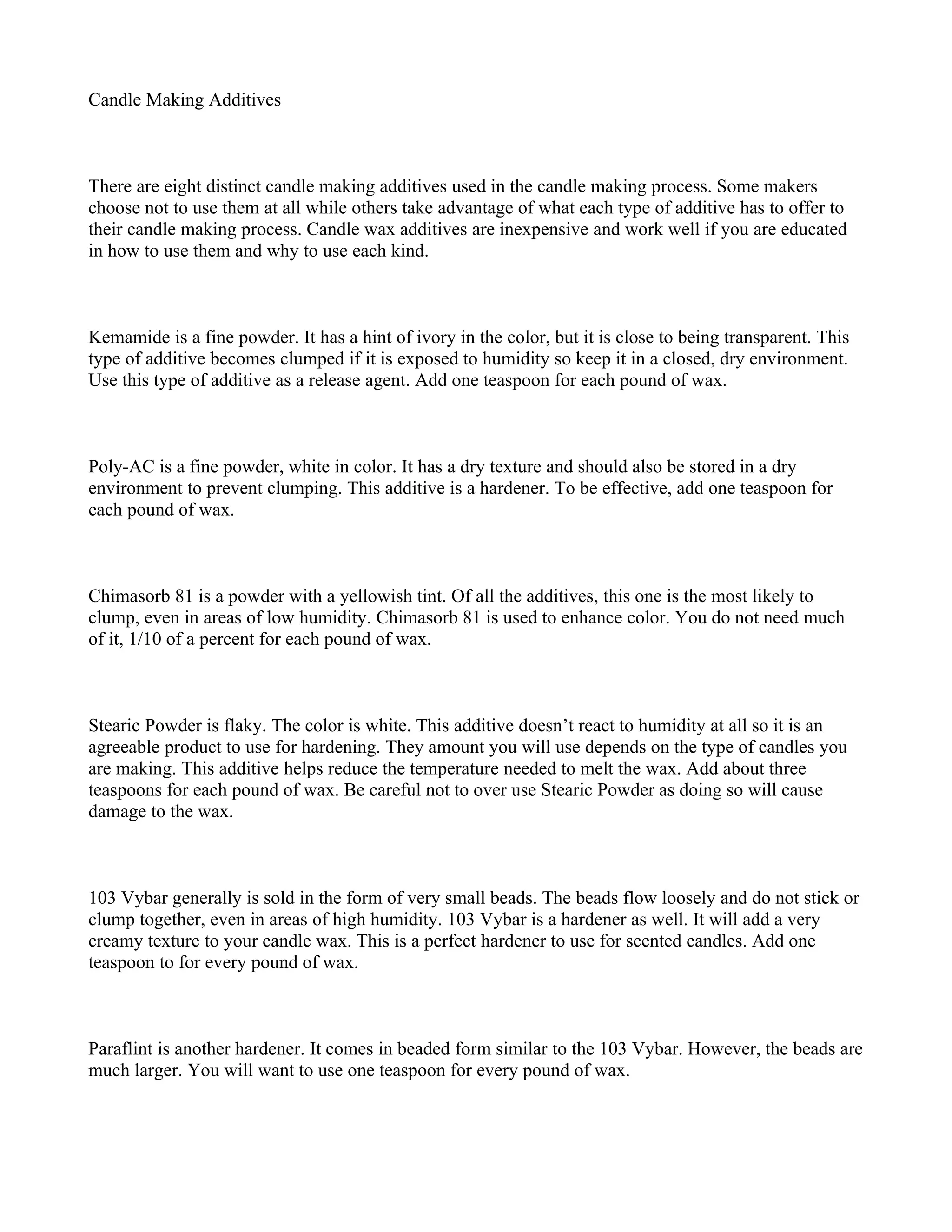 Candle Making Additives | DOC | Candle and Soap Making | Arts and Crafts