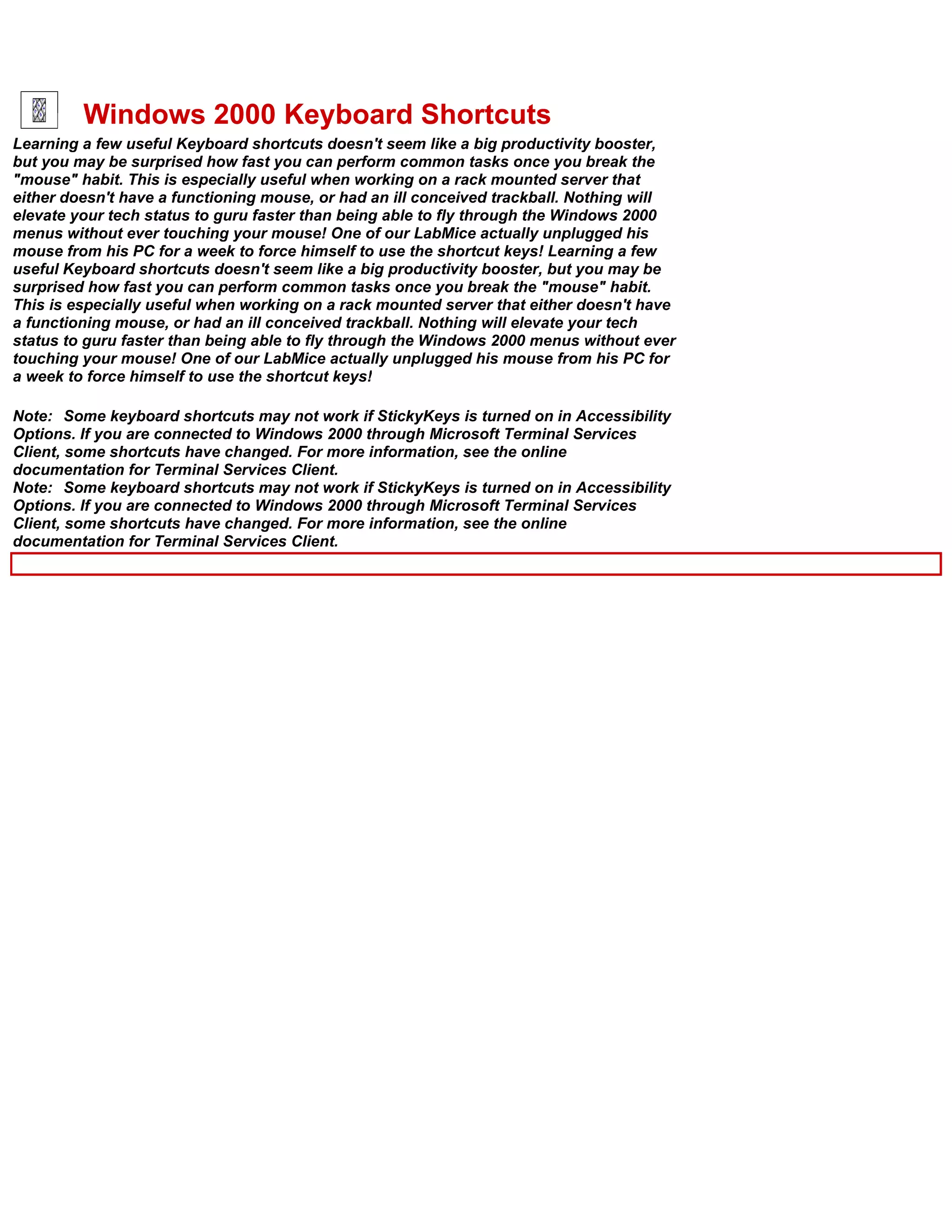 Windows 2000 Keyboard Shortcuts | DOC