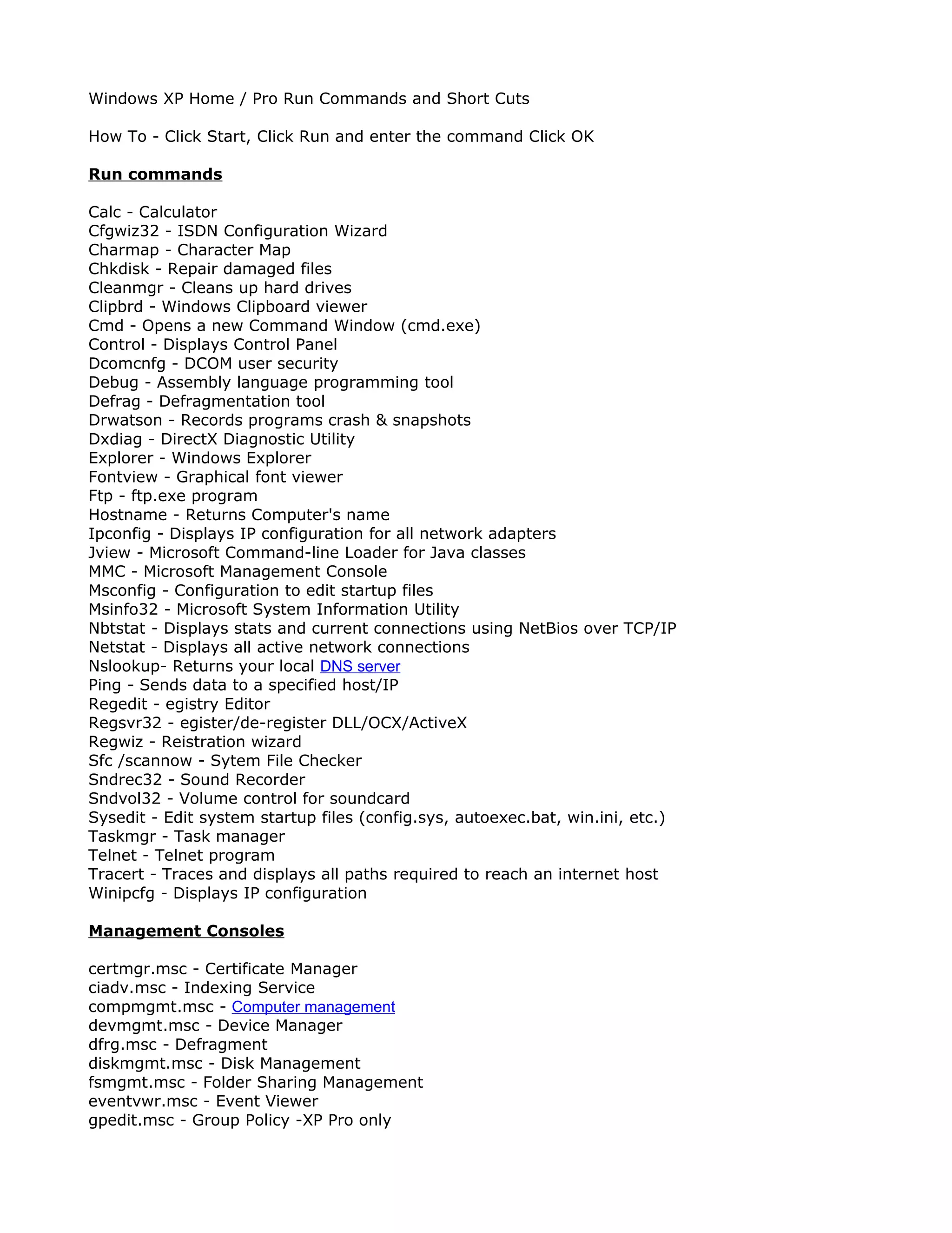 Windows XP Home / Pro Run Commands an... | DOC