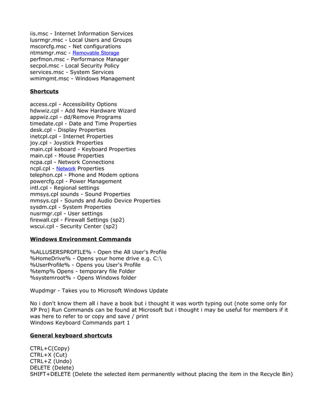 Windows XP Home / Pro Run Commands an... | DOC