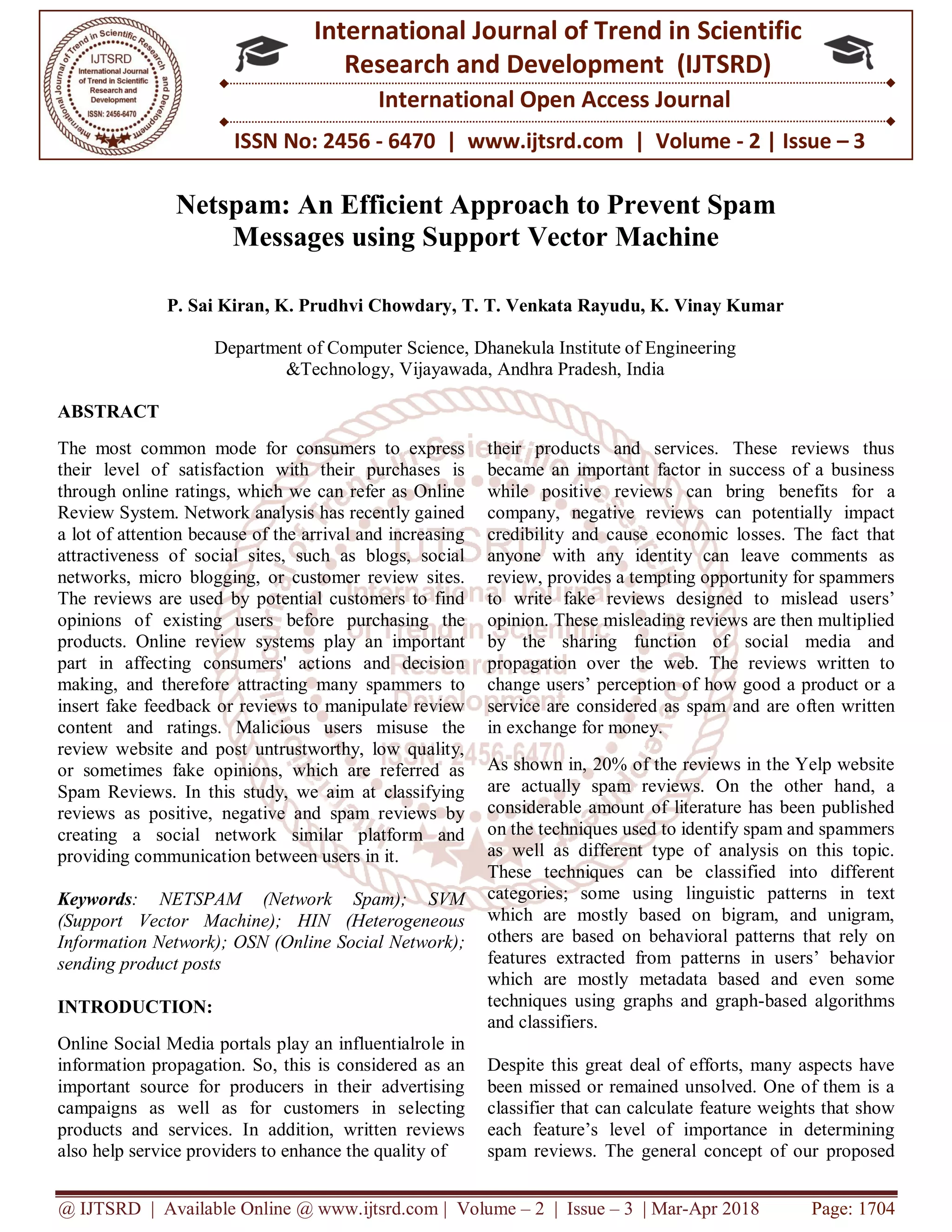 Netspam: An Efficient Approach to Prevent Spam Messages using Support Vector Machine | PDF