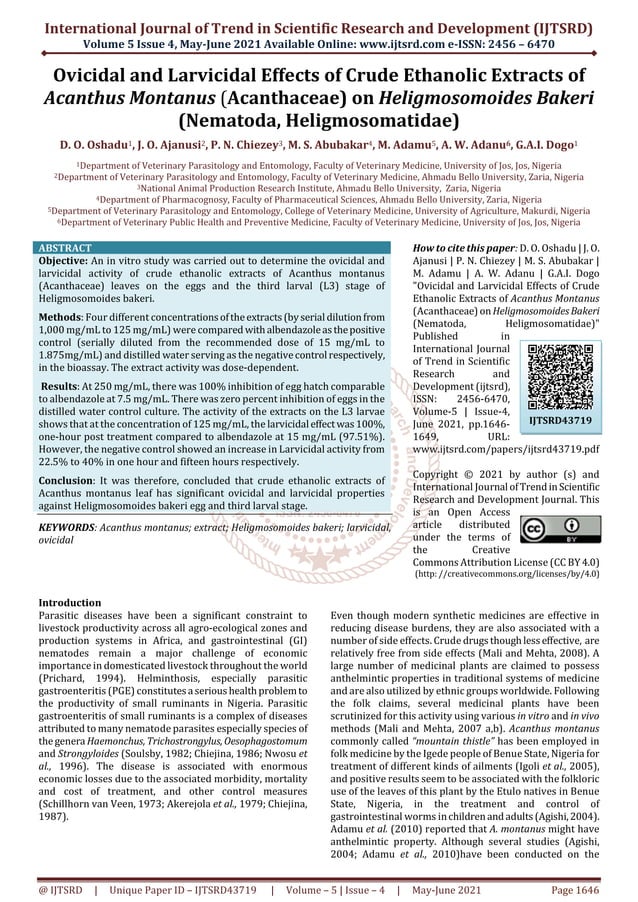 Ovicidal and Larvicidal Effects of Crude Ethanolic Extracts of Acanthus ...