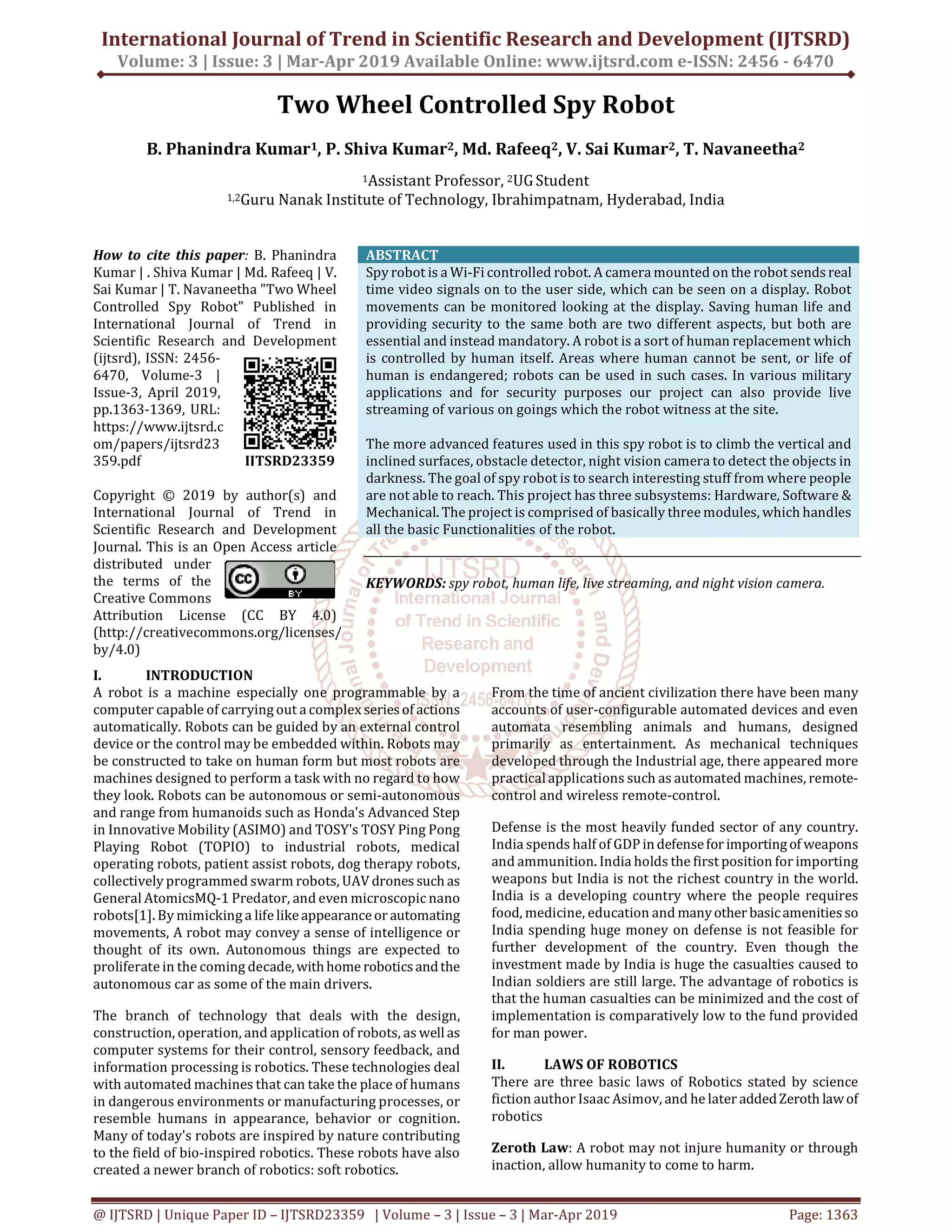 Two Wheel Controlled Spy Robot | PDF | Robotics | Technology & Computing