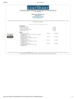 Microsoft Office Specialist Transcript | PDF