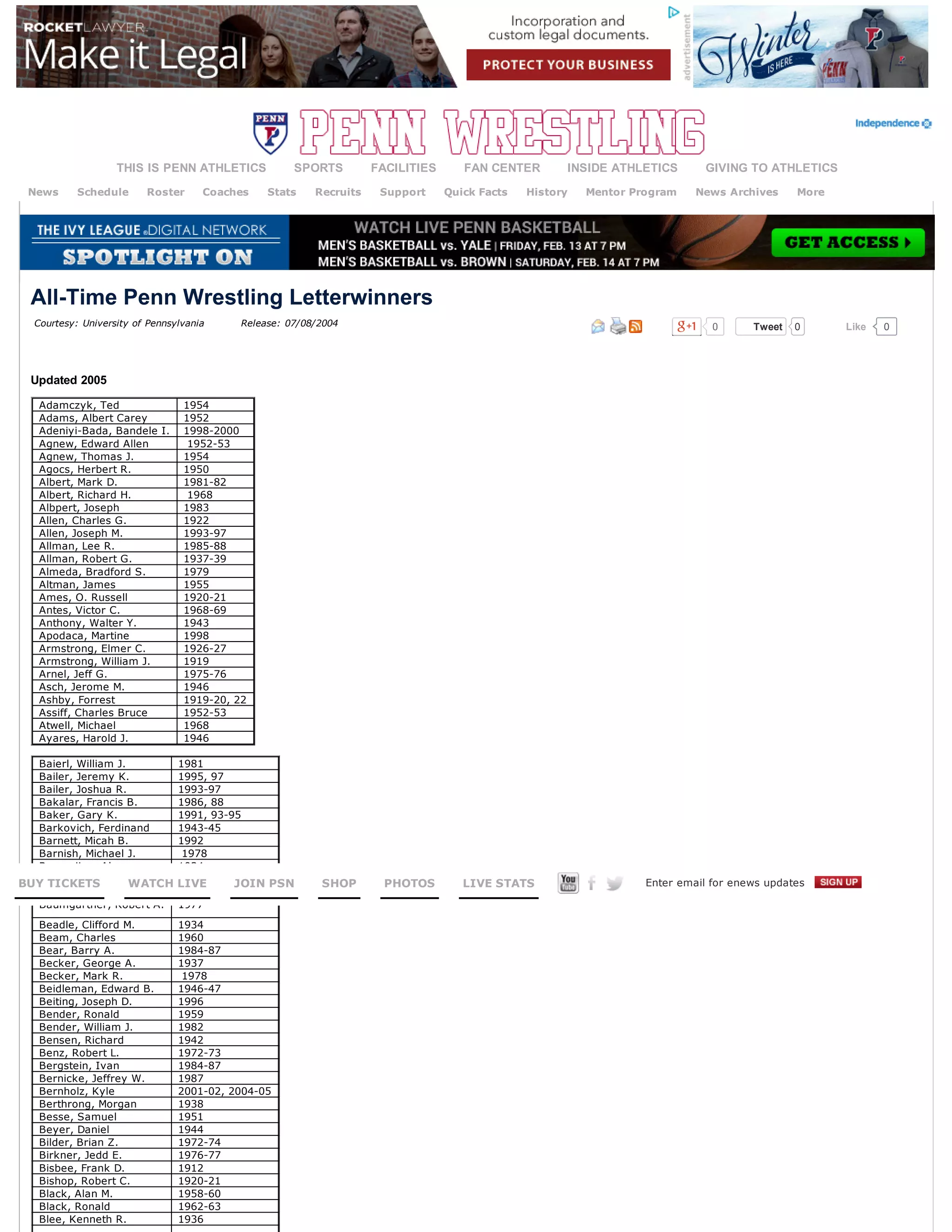 All-Time Penn Wrestling Letterwinners - PennAthletics | PDF