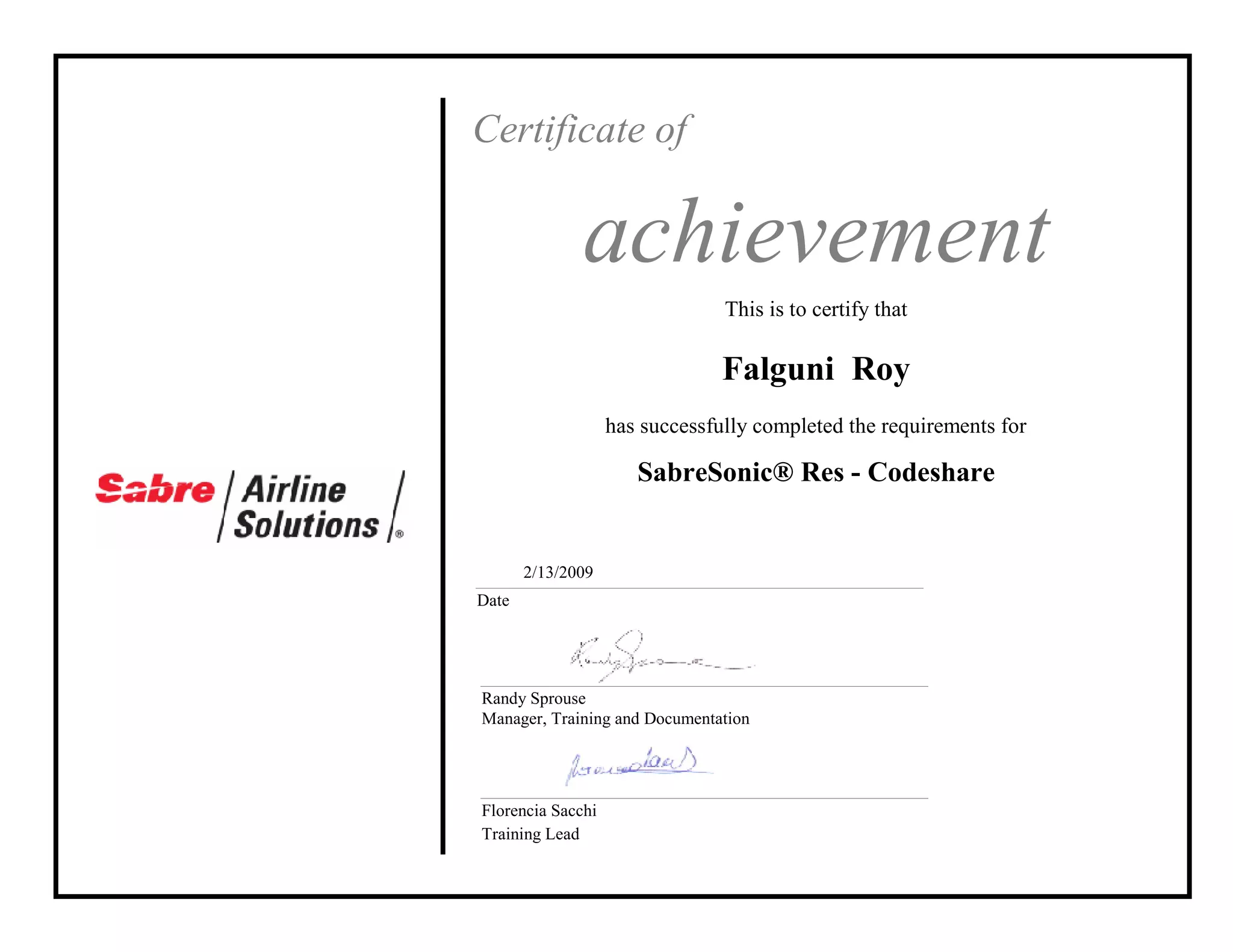 Certificate_F_Roy_Sabre_RES & CodeShare | PDF