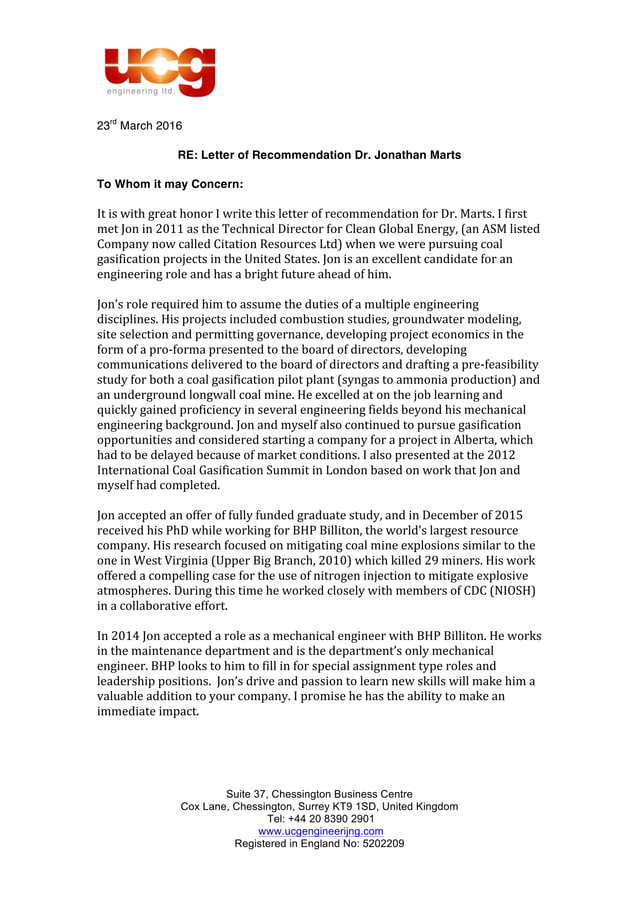 Letter of Recommendation Dr Jon Marts | PDF | Business | Business and Finance