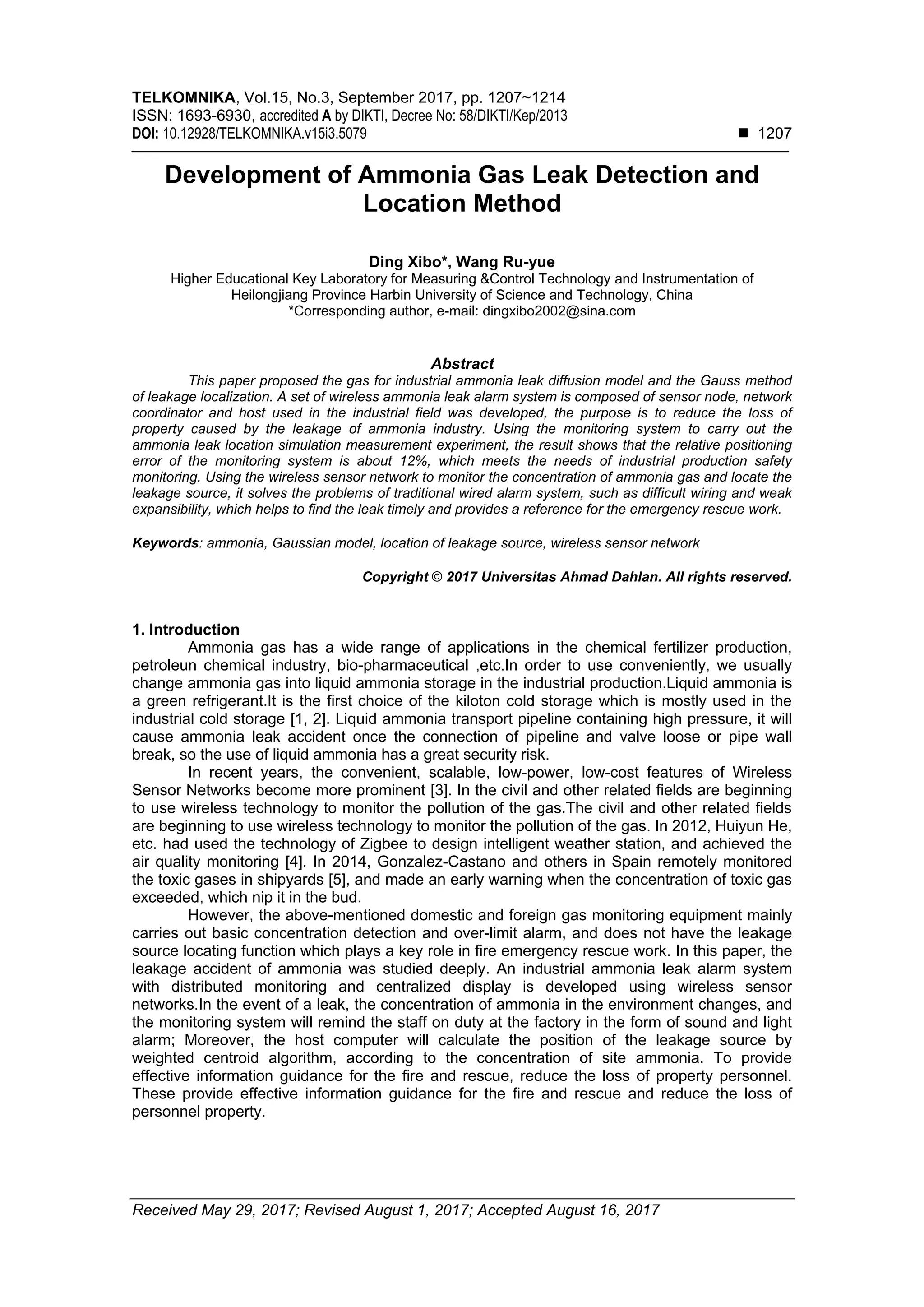 Development of Ammonia Gas Leak Detection and Location Method | PDF