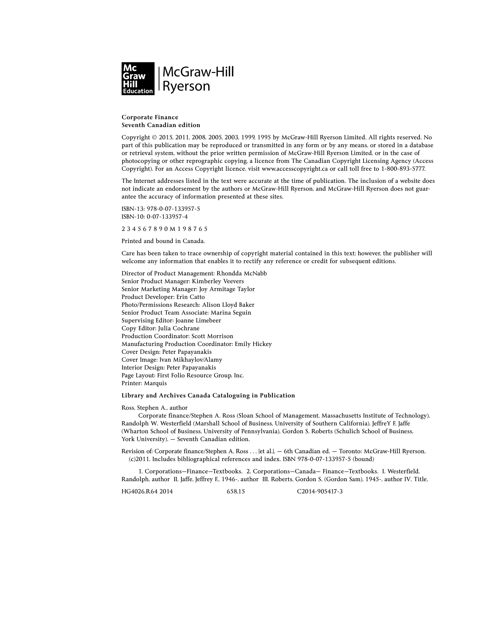 Corporate Finance 7th Canadian Ross Westerfield Jaffe | PDF