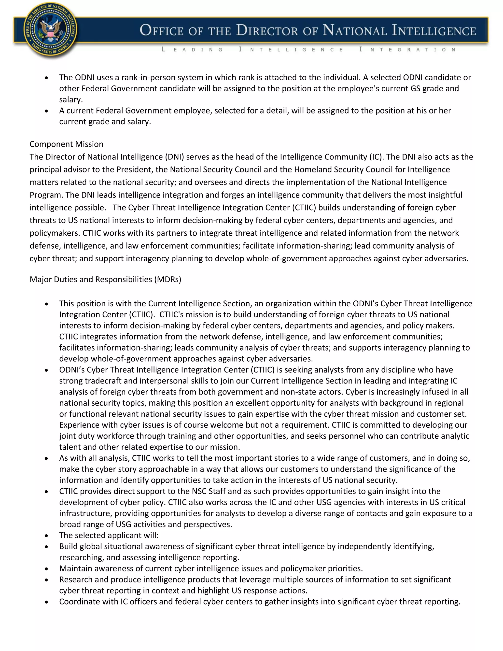 Cyber Threat Intelligence Officer ODNI | PDF