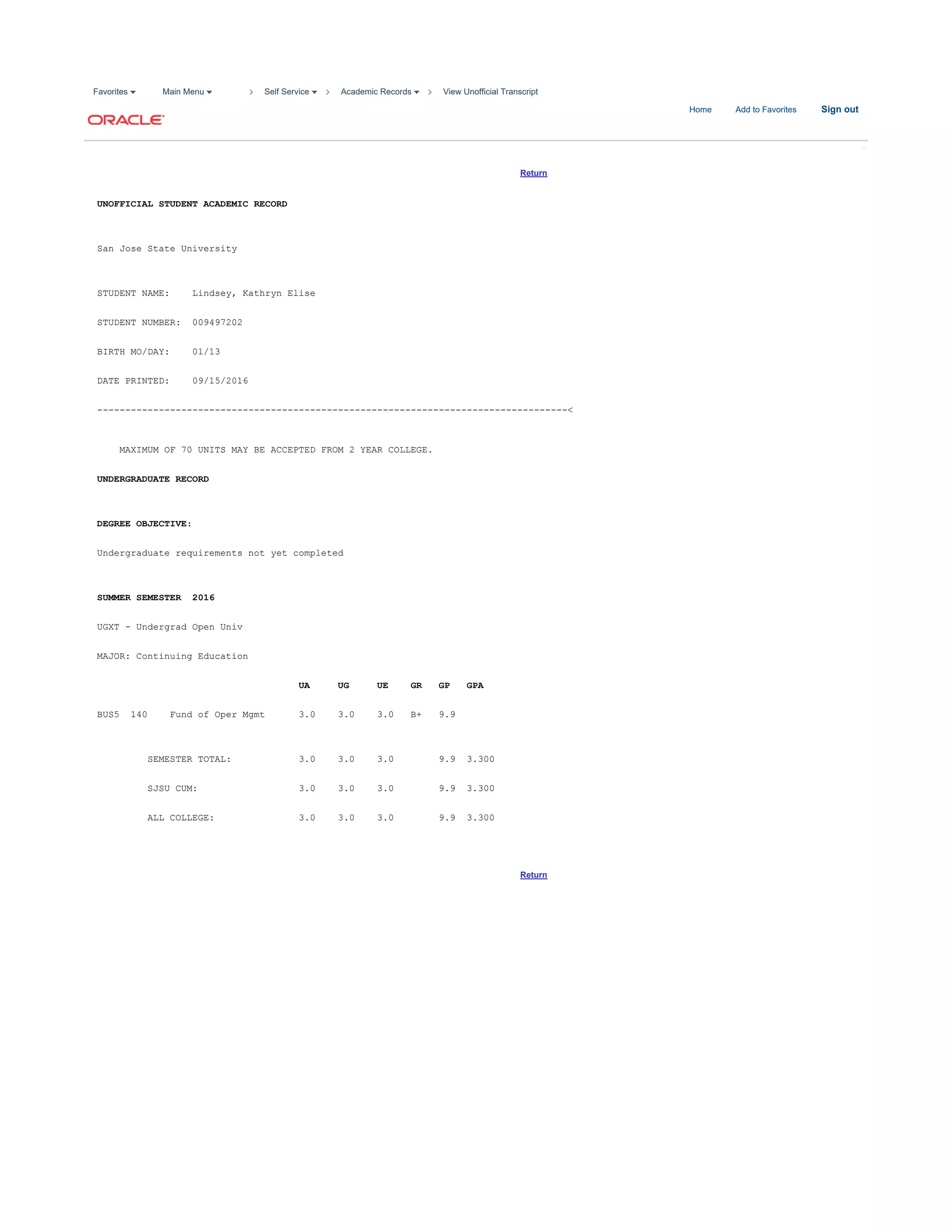 San Jose State University Transcript | PDF