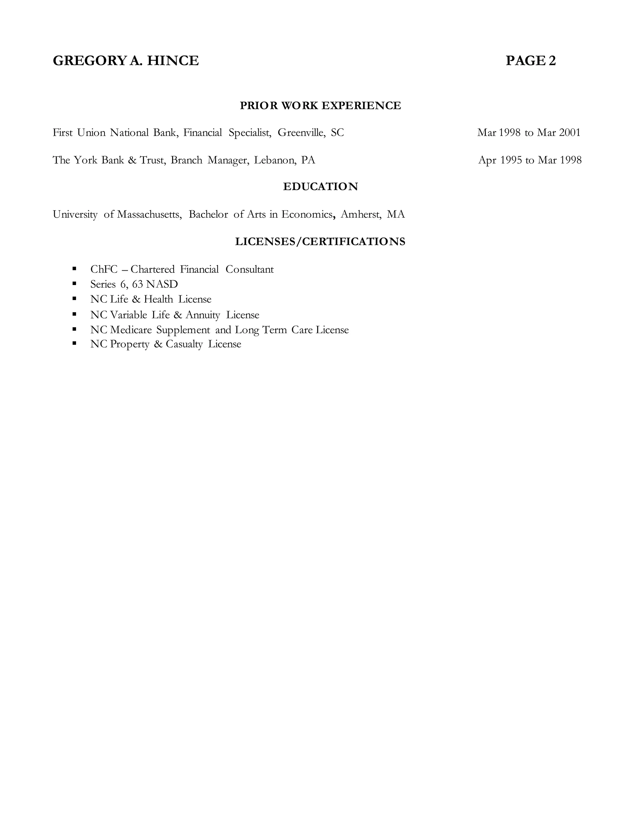 Greg Hince Resume | DOCX | Business Banking & Finance | Business