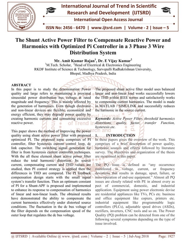 The Shunt Active Power Filter to Compensate Reactive Power and Harmonics with optimized PI ...