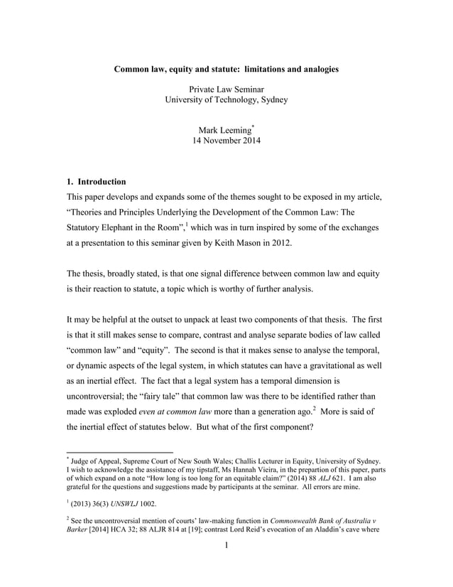 Common law, equity and statute - limitations and analogies | PDF