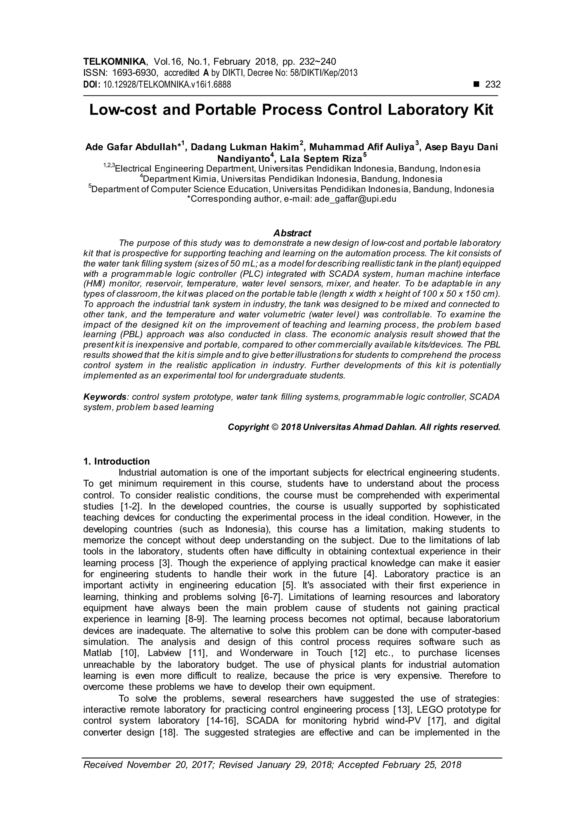 Low-cost and Portable Process Control Laboratory Kit | PDF
