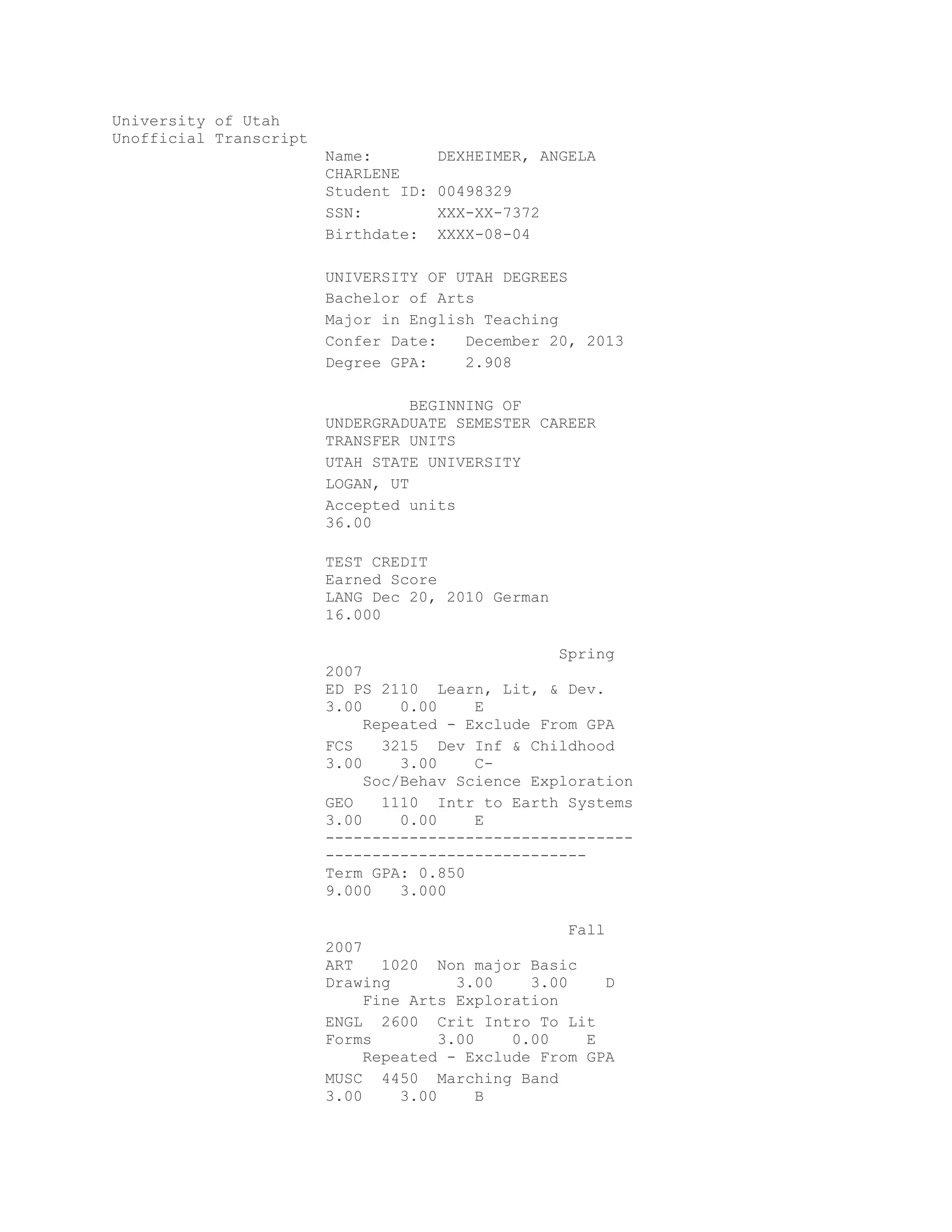 University of Utah Unofficial Transcript | PDF