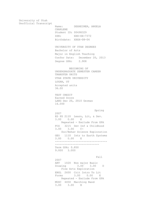University of Utah Unofficial Transcript | PDF