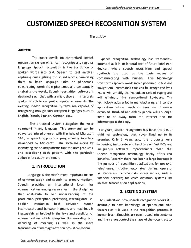Paper on Speech Recognition | PDF | Operating Systems | Computer Software and Applications