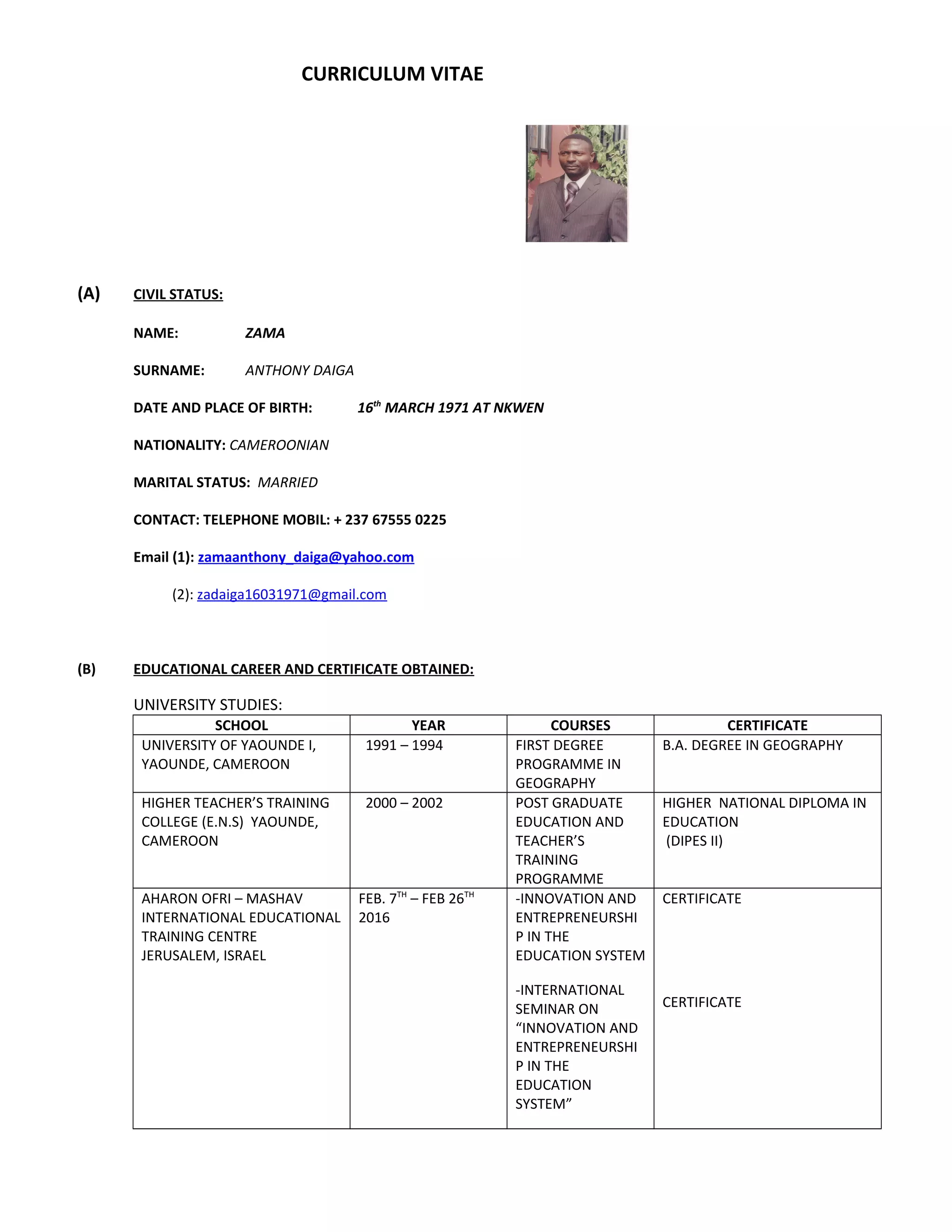 CURRICULUM VITEA FOR ZAMA with photograph | PDF