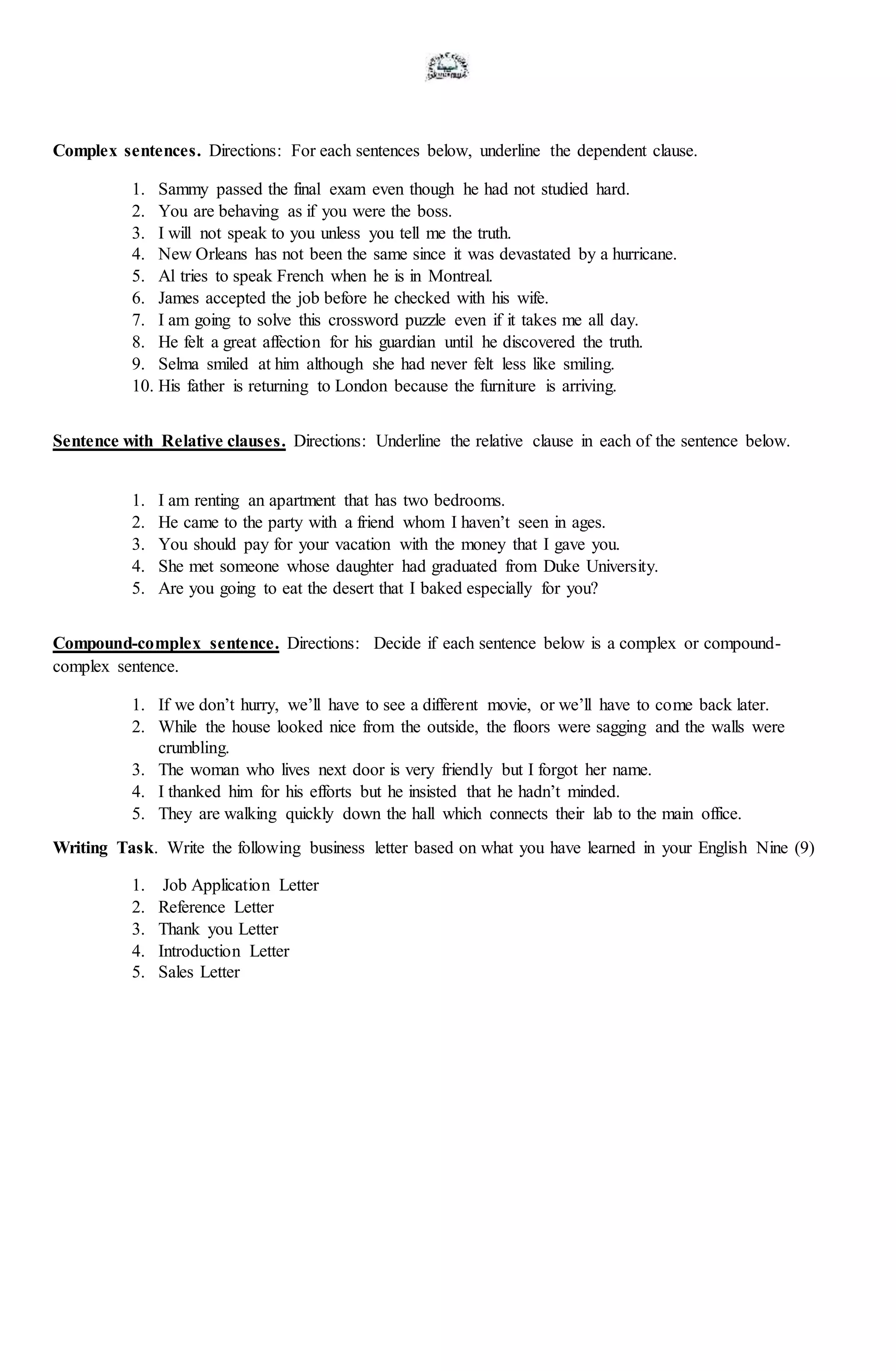 Grade 9 english TEST | DOCX