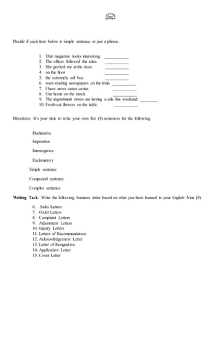 Grade 9 english TEST | DOCX