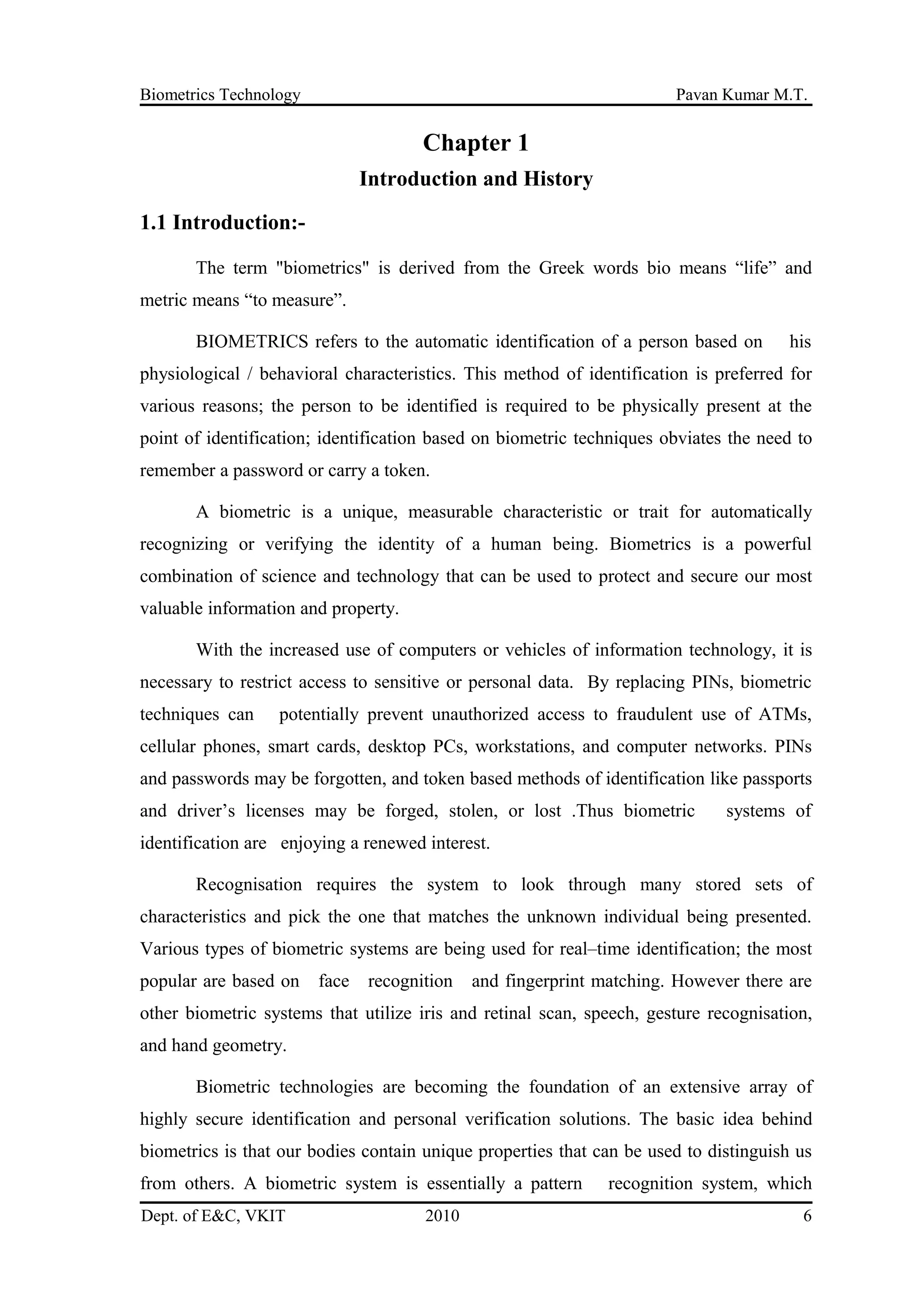 Biometrics Technology Seminar Report. | DOC