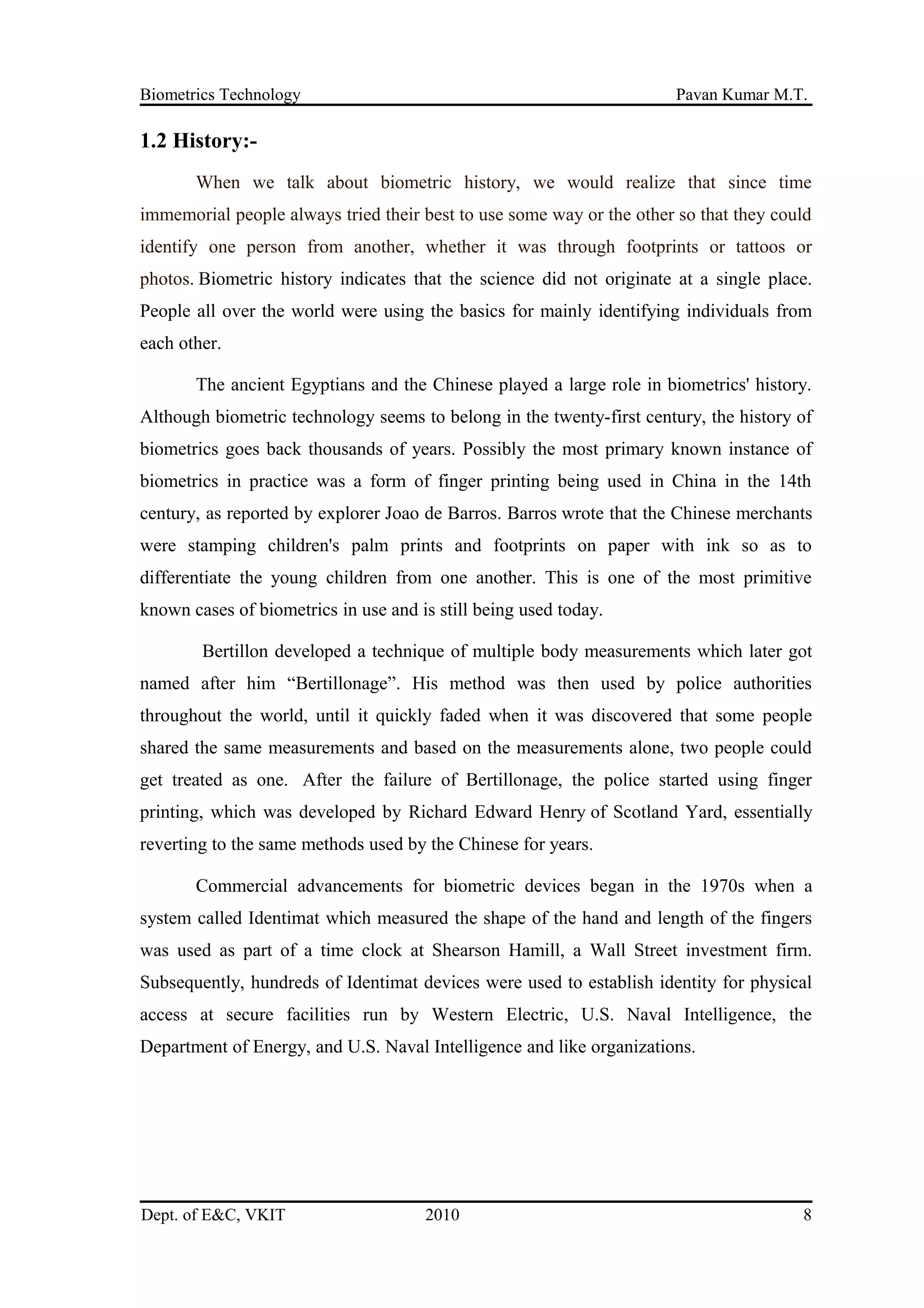 Biometrics Technology Seminar Report. | DOC