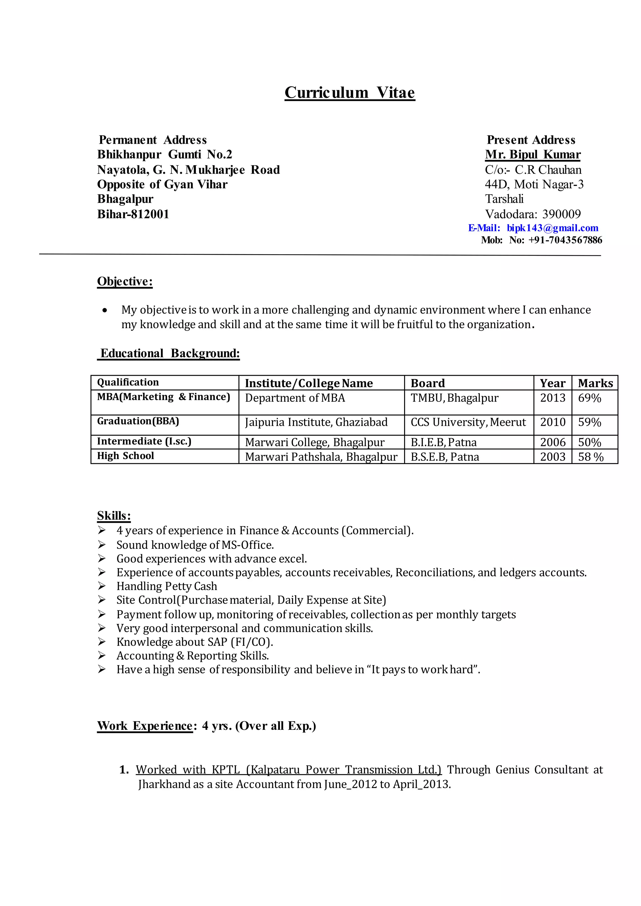BIPUL KUMAR CV | DOCX | Resume Writing and Advice | Job Search